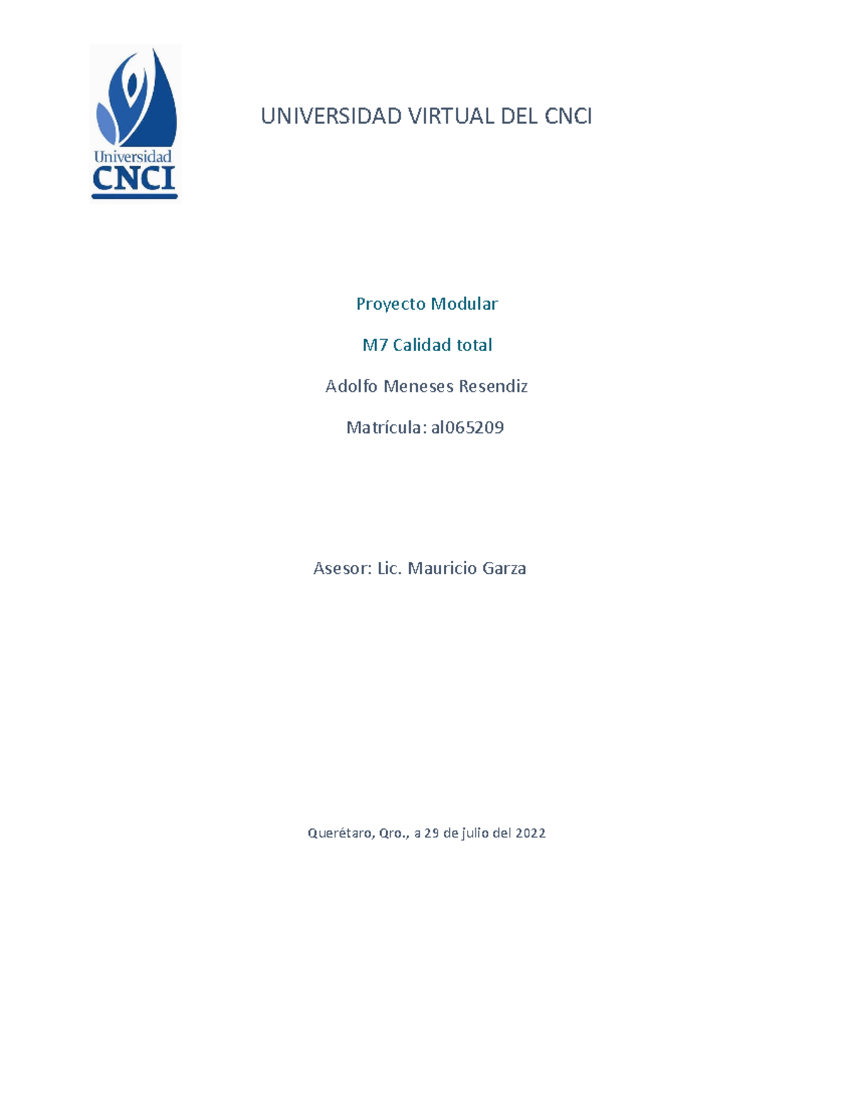 Proyecto modular - actividad de calidad - UNIVERSIDAD VIRTUAL DEL CNCI Proyecto Modular M7 ...