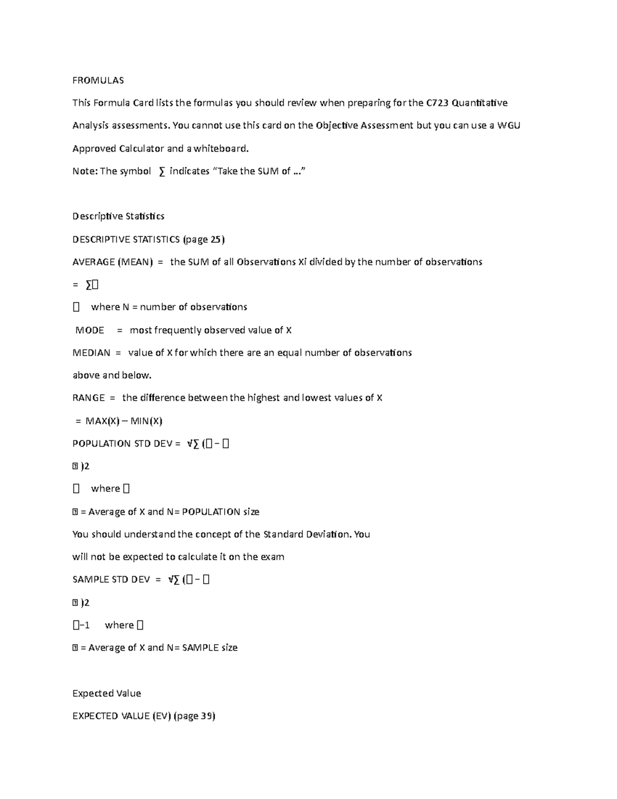 Study notes business anlyasis systems - FROMULAS This Formula Card ...