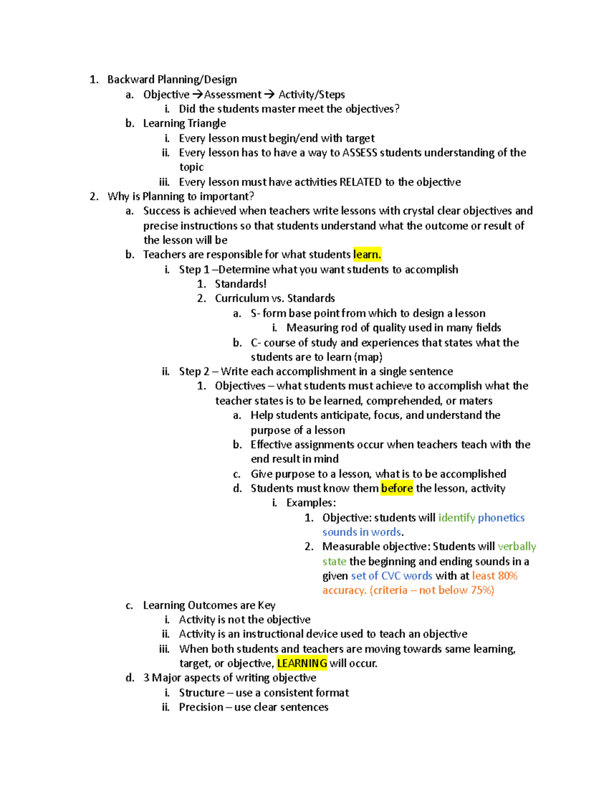 Backward Planning - Allred - 1. Backward Planning/Design a. Objective ...