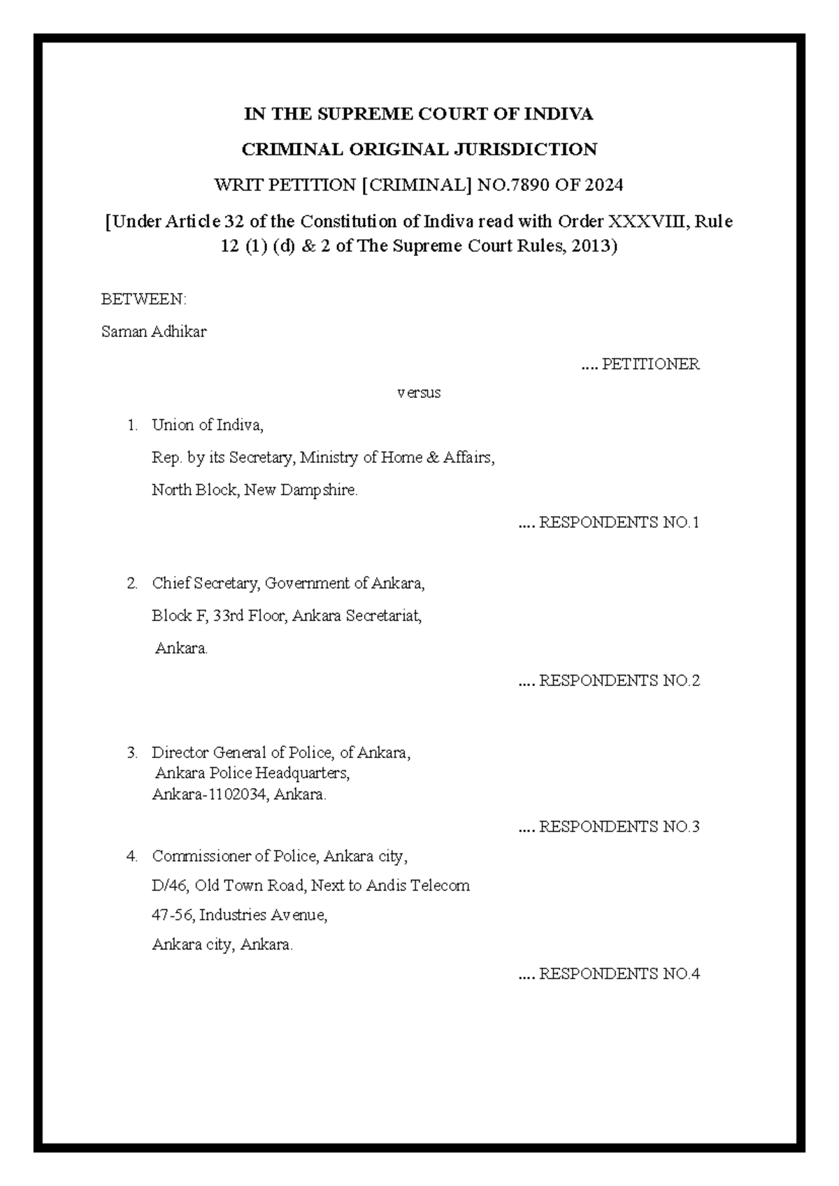 Mandamus WRIT - it is a sample of an SLP - IN THE SUPREME COURT OF ...