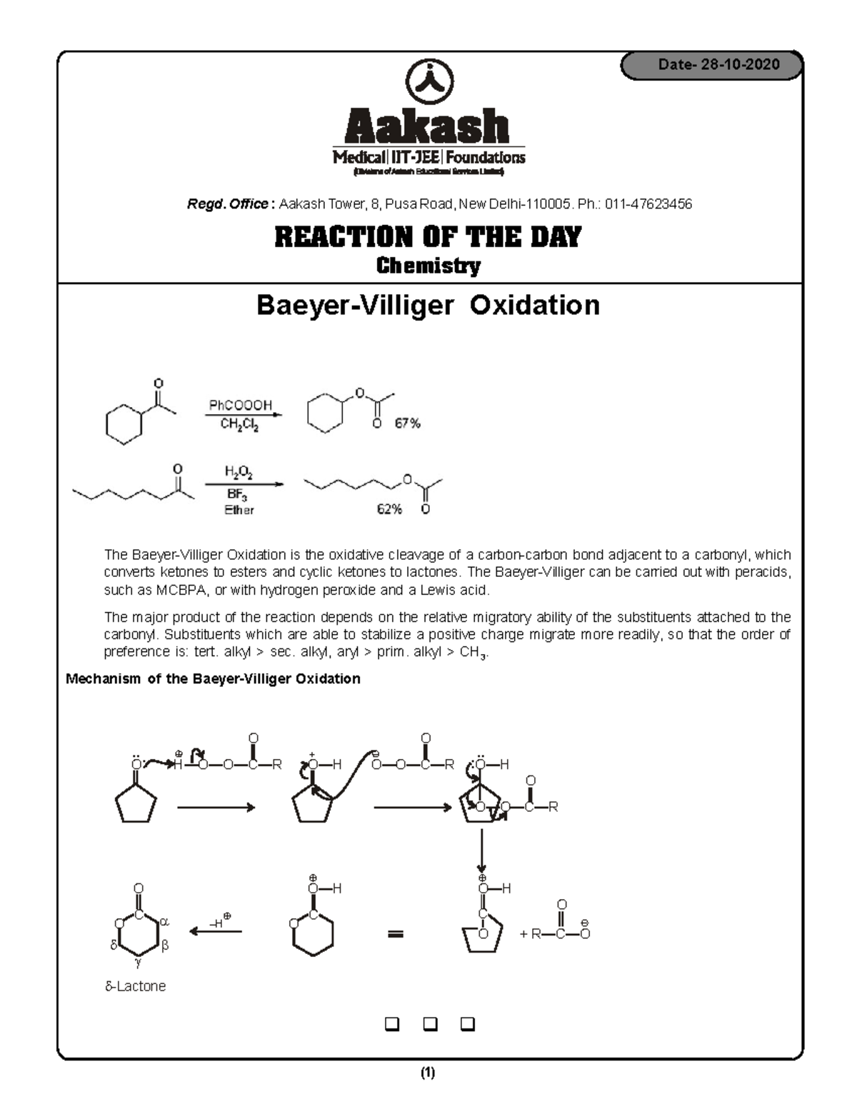 Baeyer -Villeger Oxidation Chemistry - (1) Baeyer-Villiger Oxidation ...