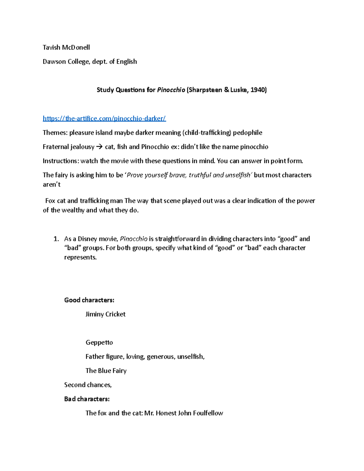 Study Questions on Pinocchio - Tavish McDonell Dawson College, dept. of ...