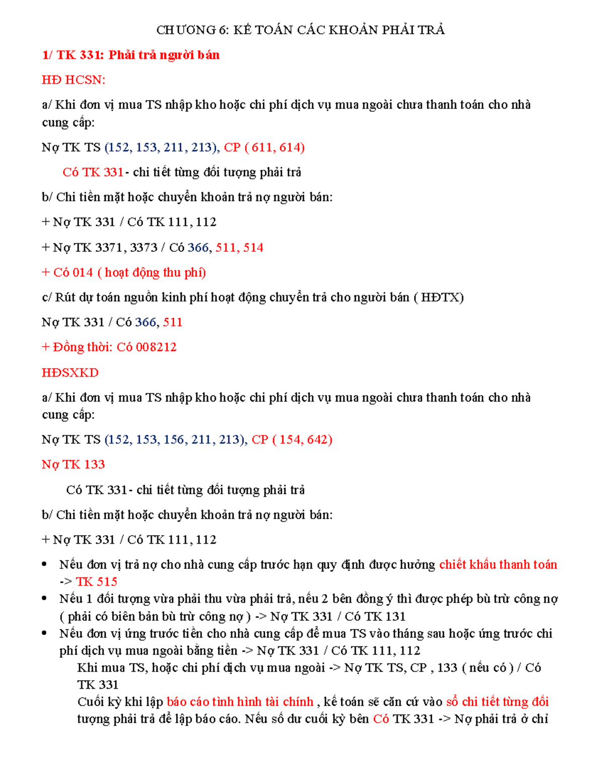 Bài giảng chương 6 - CHƯƠNG 6: KẾ TOÁN CÁC KHOẢN PHẢI TRẢ 1/ TK 331 ...
