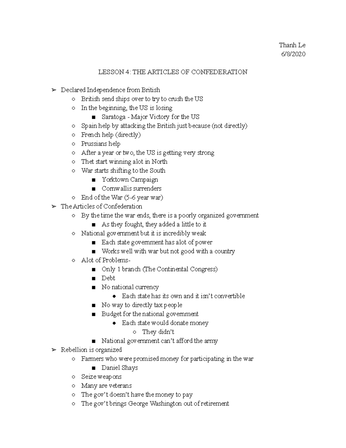 GOV- Lecture 4 The Articles of Confederation - Thanh Le 6/8/ LESSON 4 ...