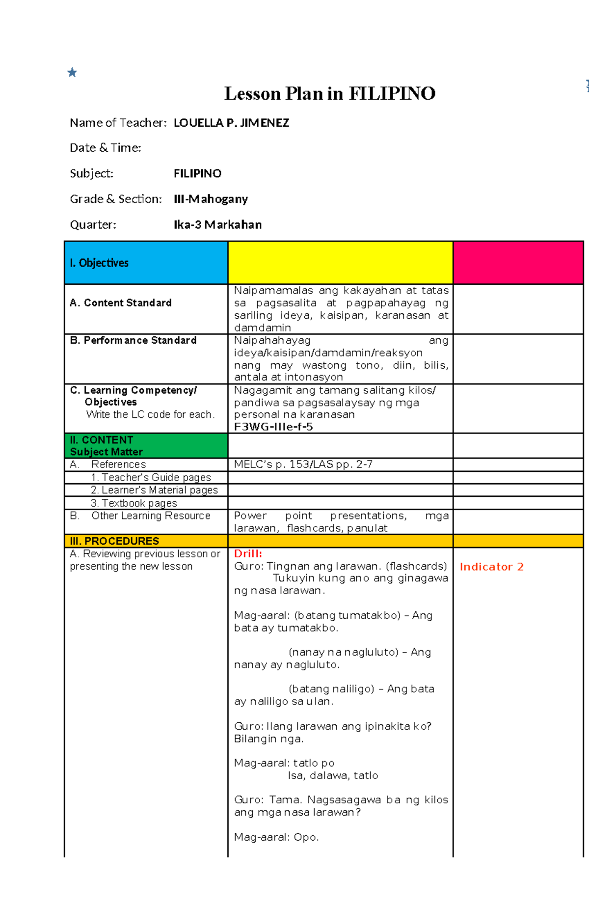 2022 COT Filipino 3 Pandiwa - Lesson Plan in FILIPINO Name of Teacher ...