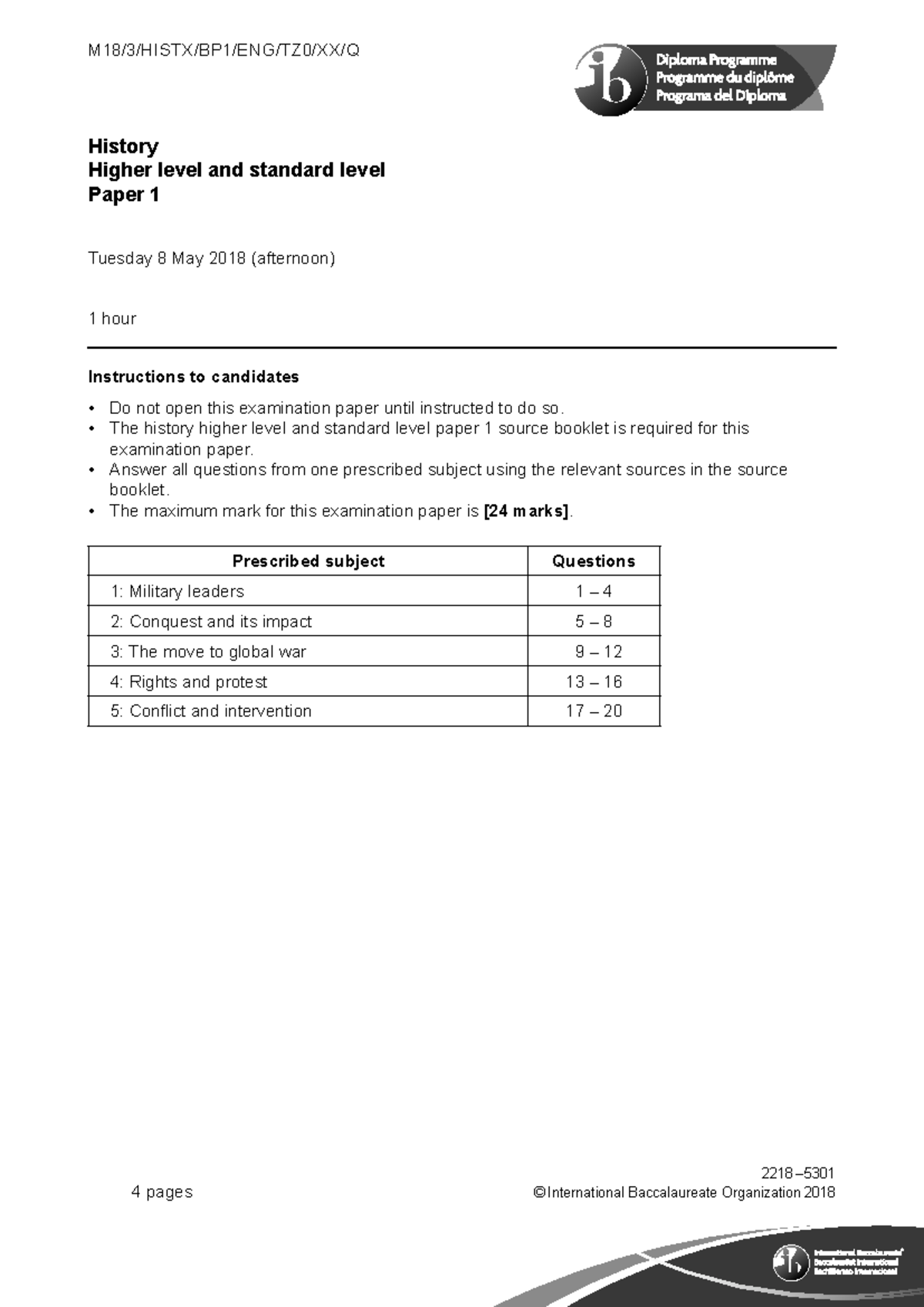History paper 1 question booklet HLSL - History Higher level and ...