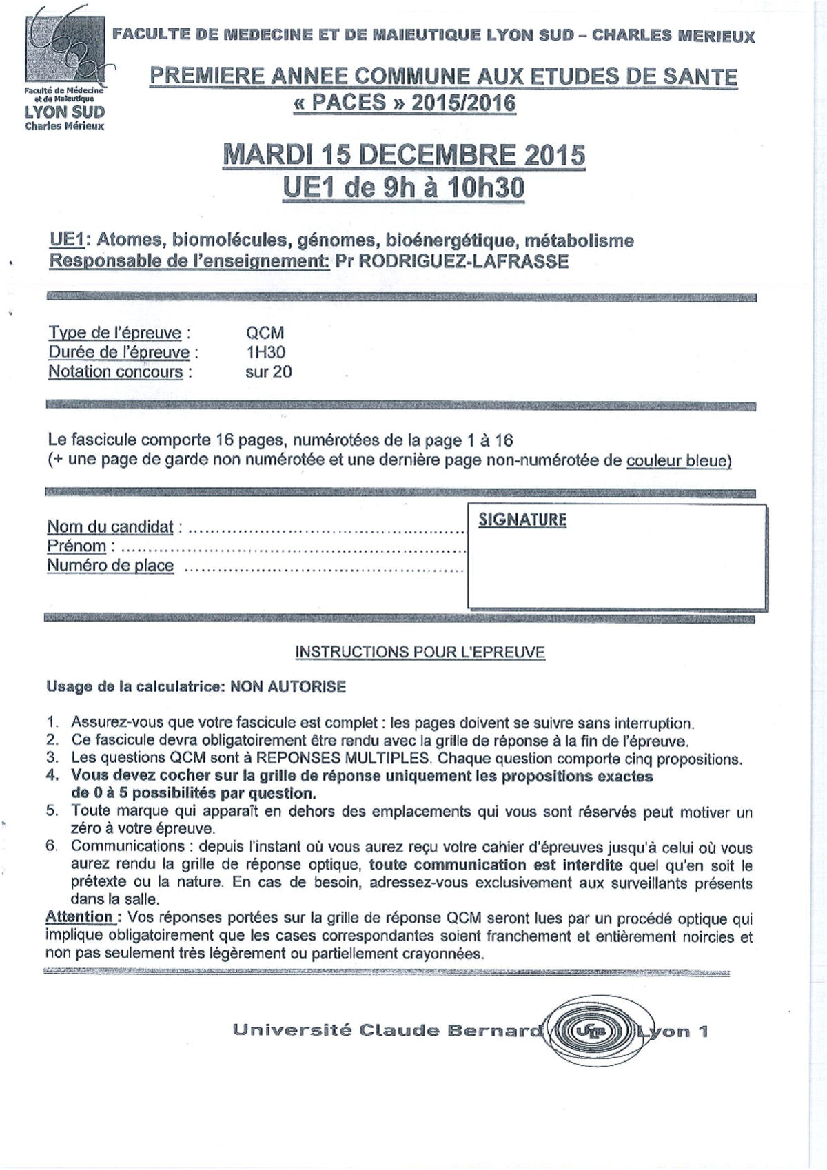 Exam 2015 paces ue1 - Biologie cellulaire - Studocu