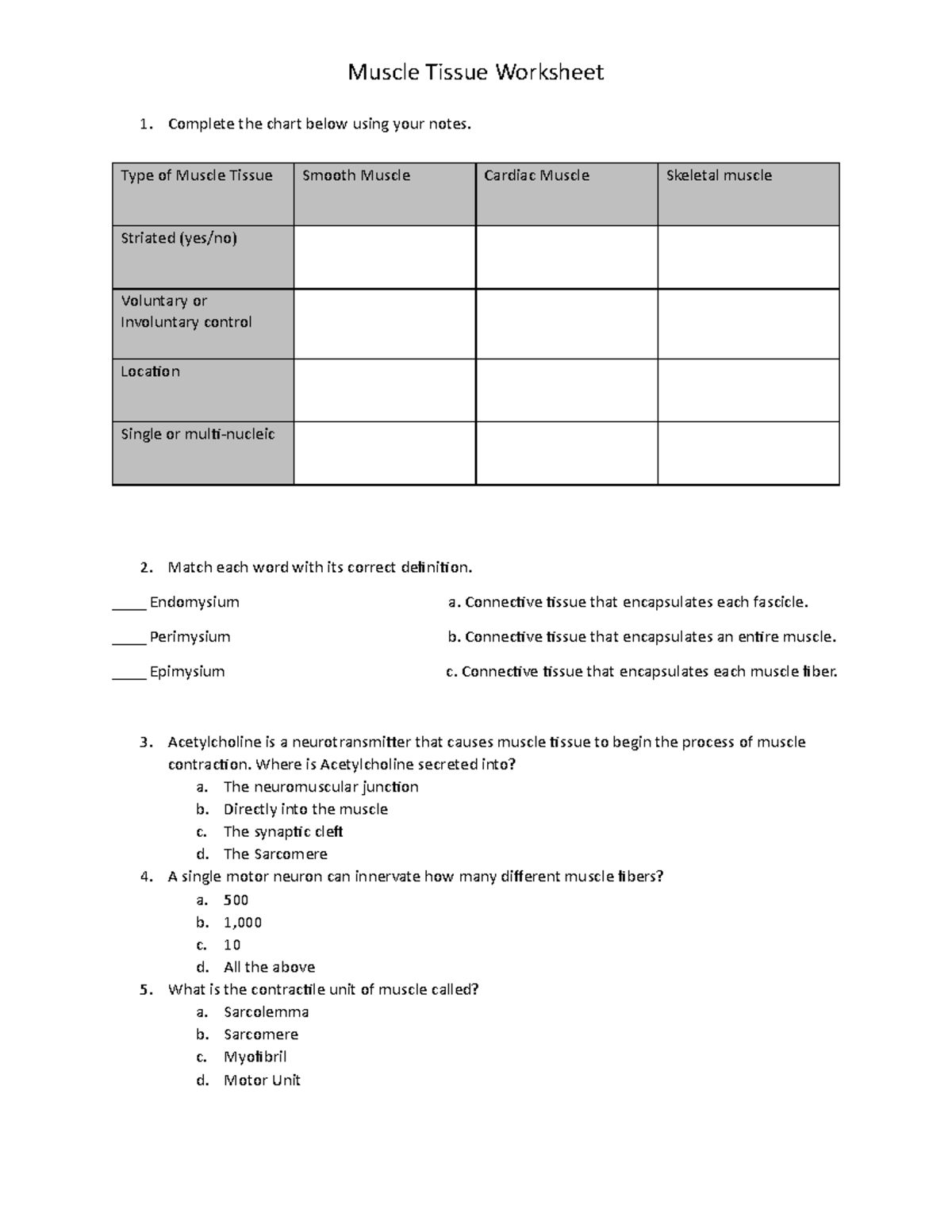 Anatomy of muscle tissue - Complete the chart below using your notes ...