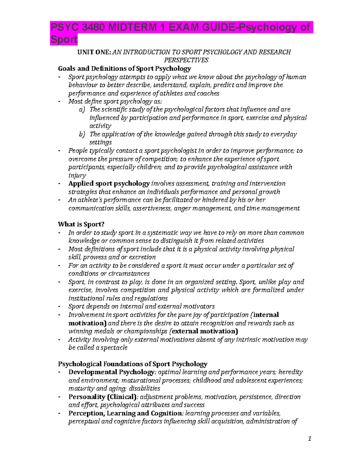 Midterm One - Copy - 1 Sport UNIT ONE: AN INTRODUCTION TO SPORT ...