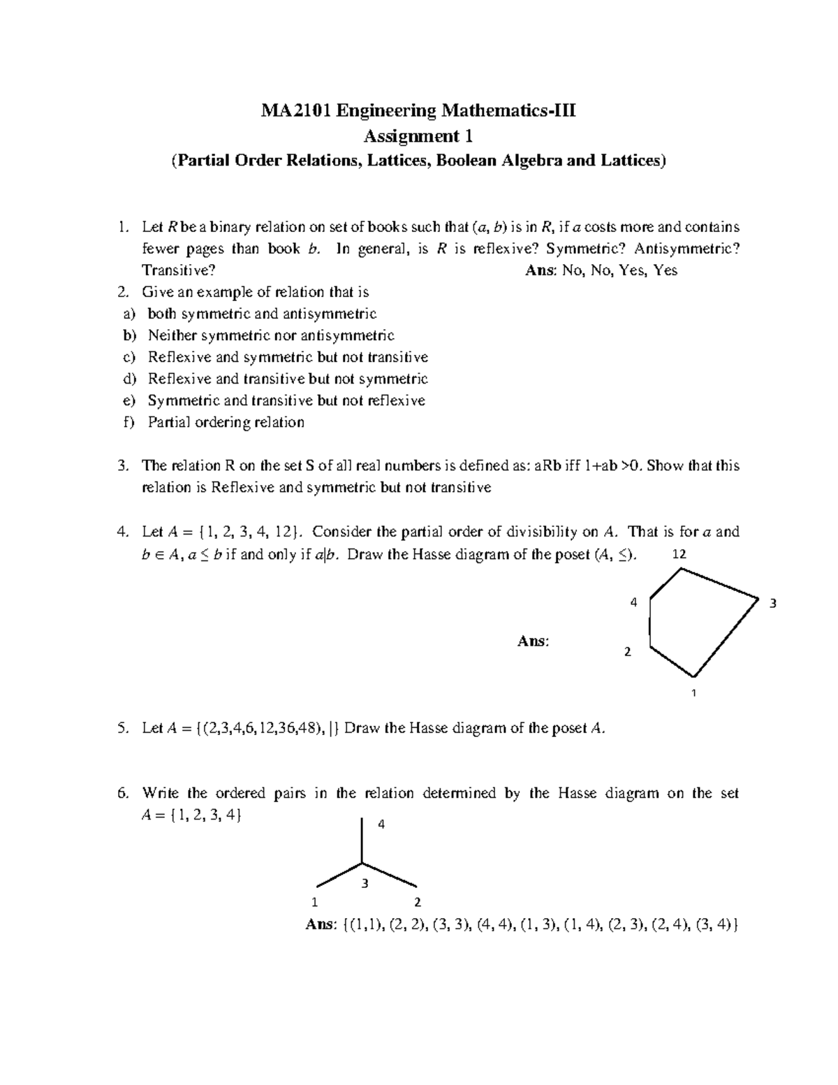 Assignment 1 - MA2101 Engineering Mathematics-III Assignment 1 (Partial Order Relations ...
