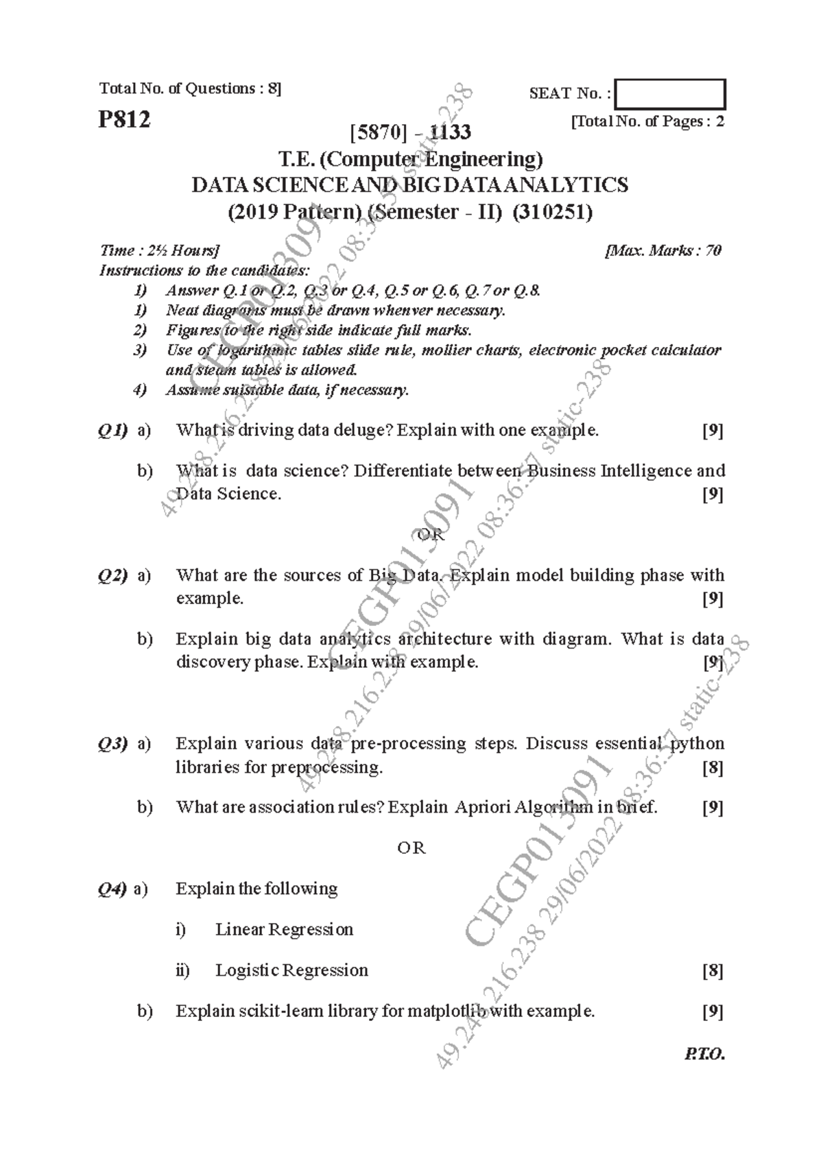 Endsem Data Science And Big Data Analytics All Pyq 5870 1133 1 Total No Of Questions 8