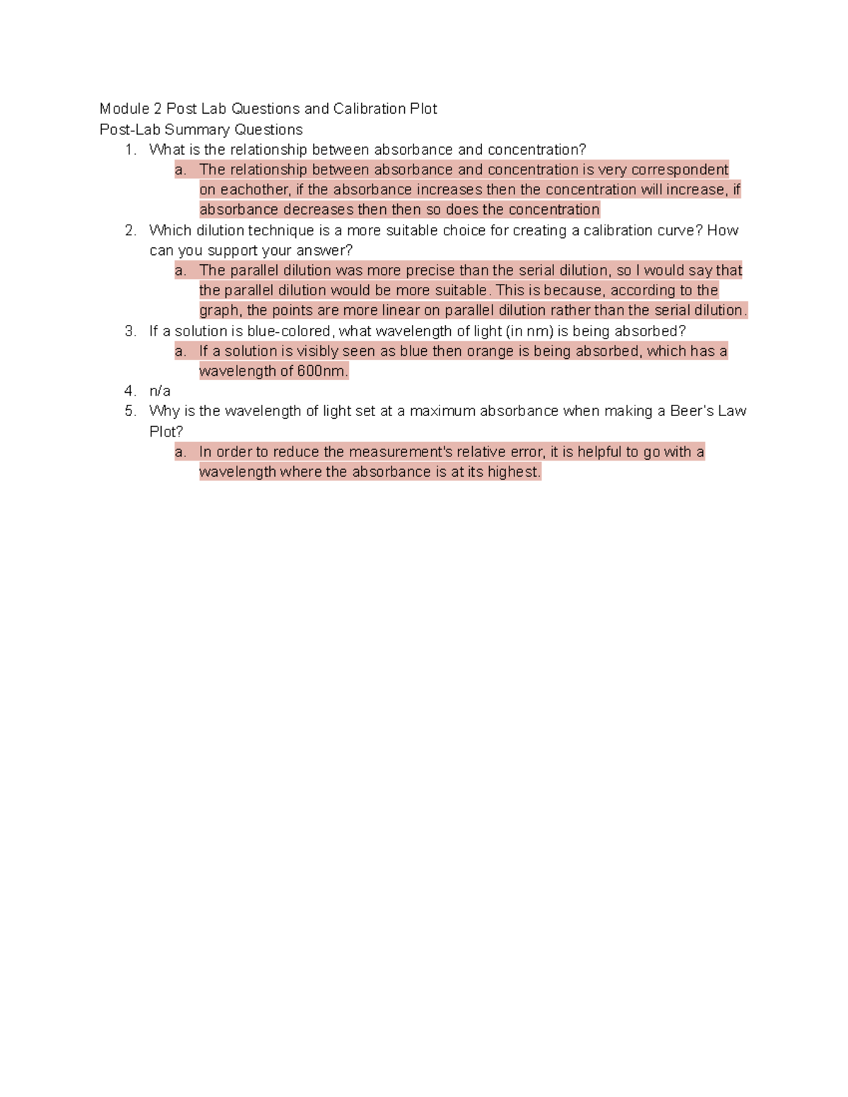 Module 2 Post Lab Questions and Calibration Plot - What is the relationship between absorbance ...