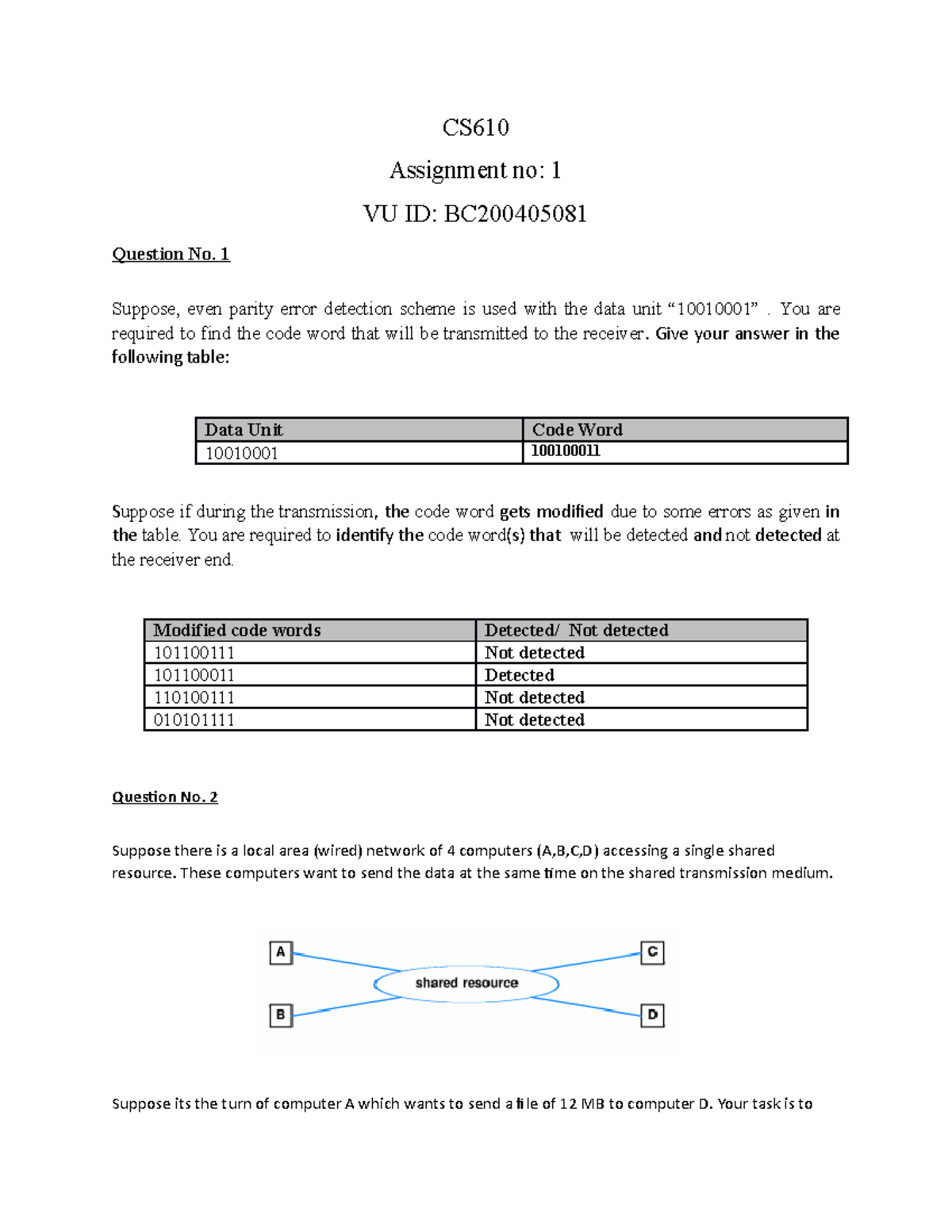 CS610 - CS Assignment no: 1 VU ID: BC Question No. 1 Suppose, even parity error detection scheme ...