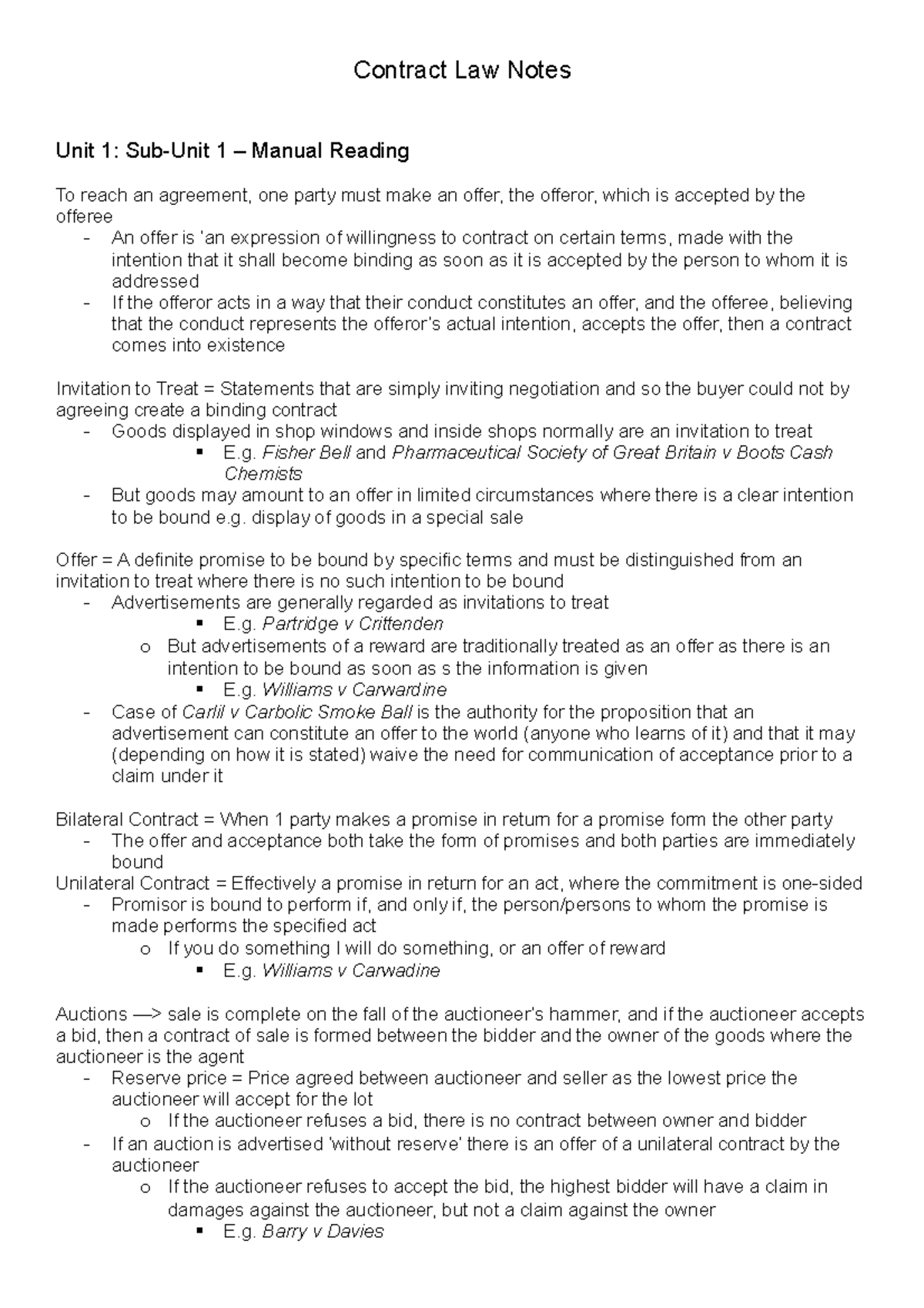 Contract Law Notes - Contract Law Notes Unit 1: Sub-Unit 1 – Manual ...