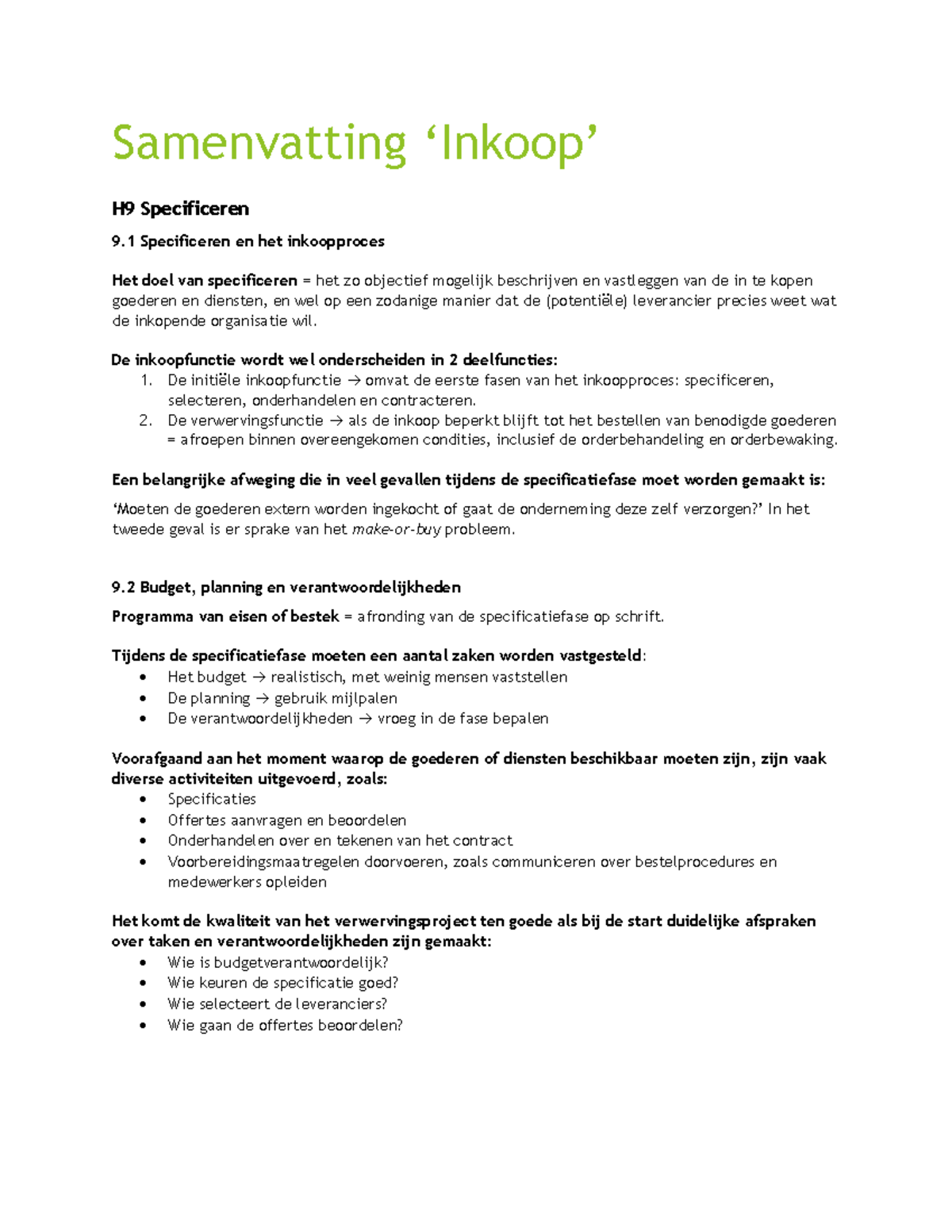 Samenvatting inkoop Jaap Scheffer - Samenvatting ‘Inkoop’ H9 Specificeren 9 Specificeren en het ...