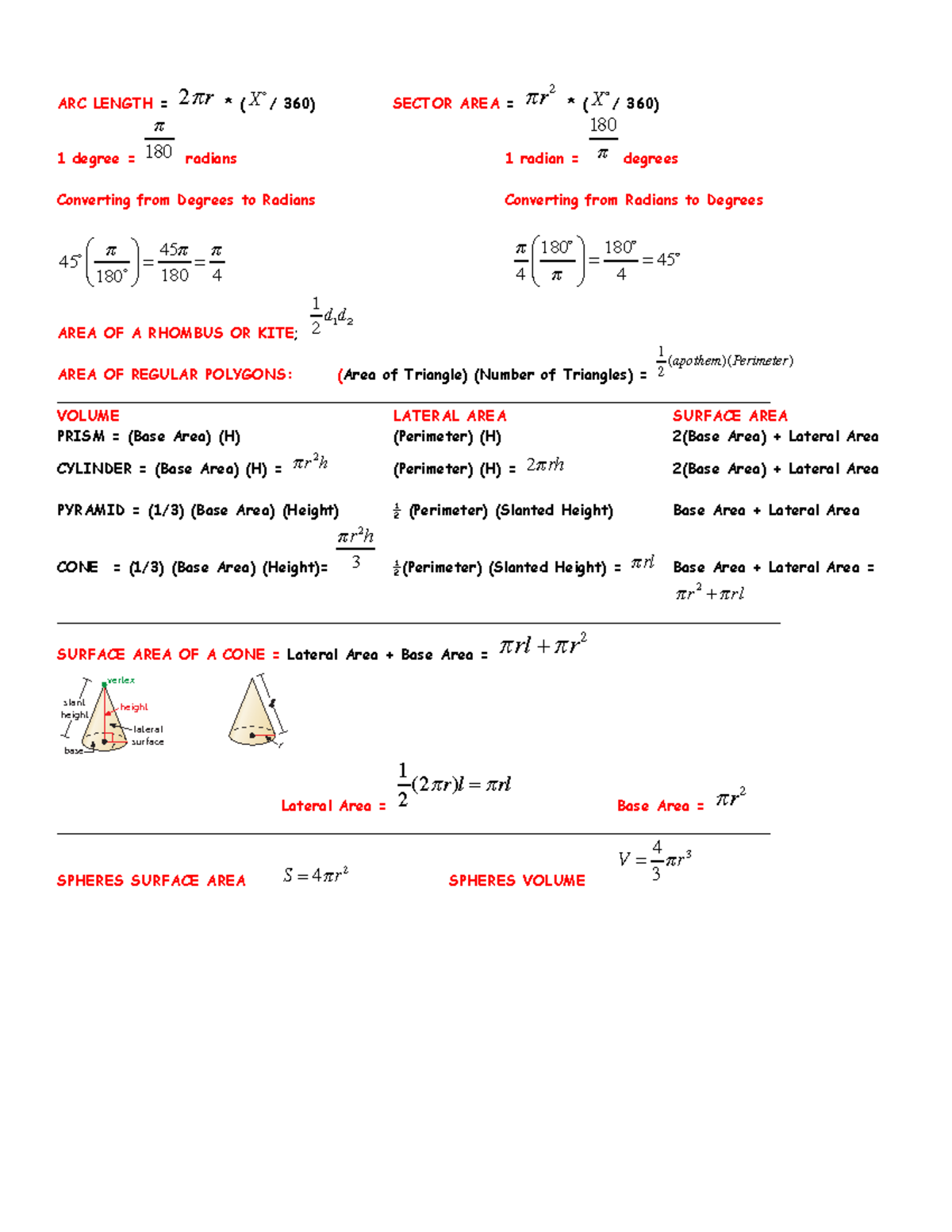 Chapter 11 Final Review Notes - ARC LENGTH = * ( / 360) SECTOR AREA ...