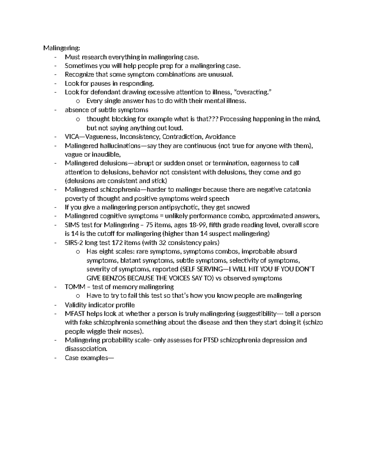 Forensic Psych-Malingering - Malingering: - Must research everything in ...