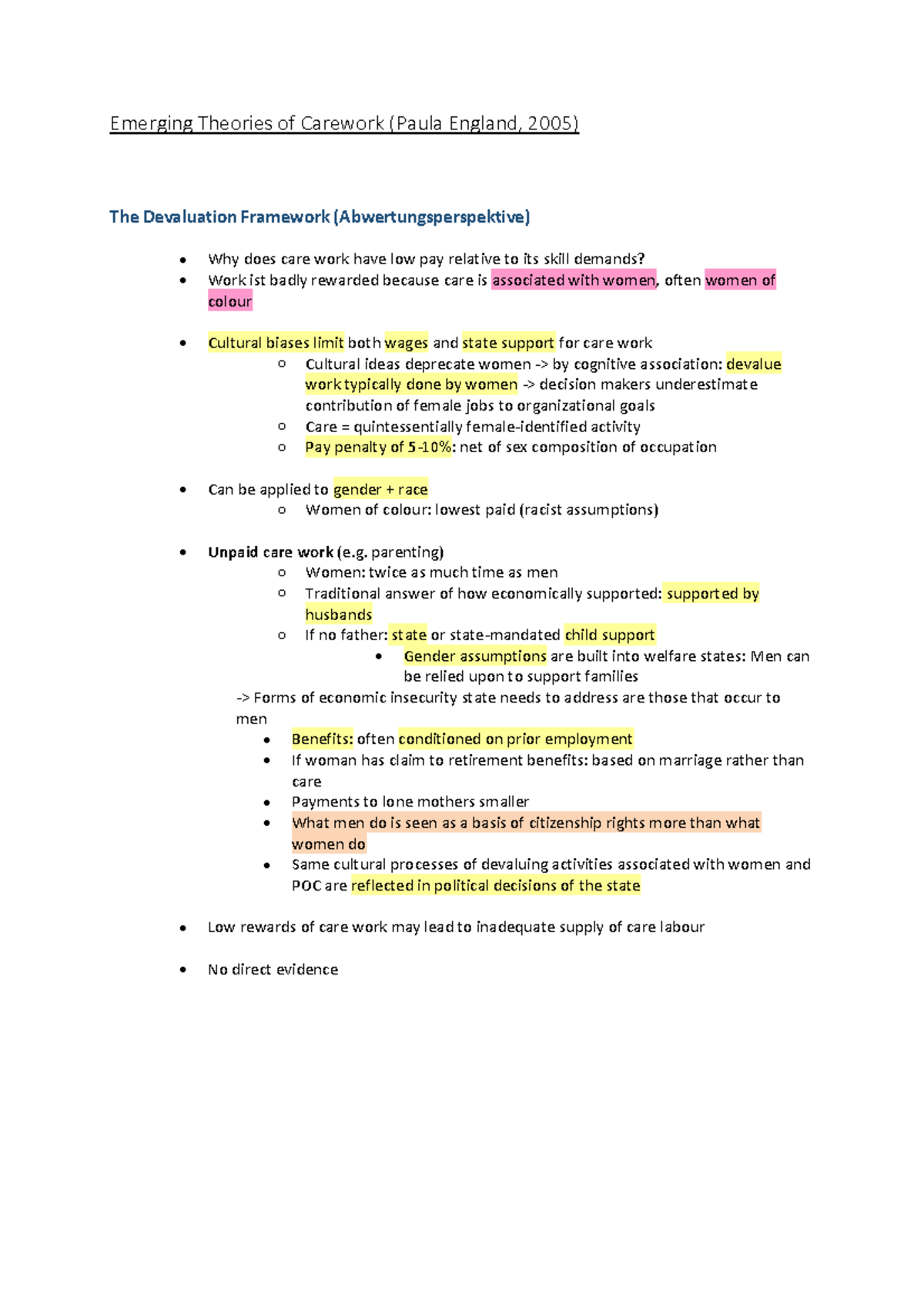 Emerging Theories of Carework (Paula England, 2005 ) Zusammenfassung ...
