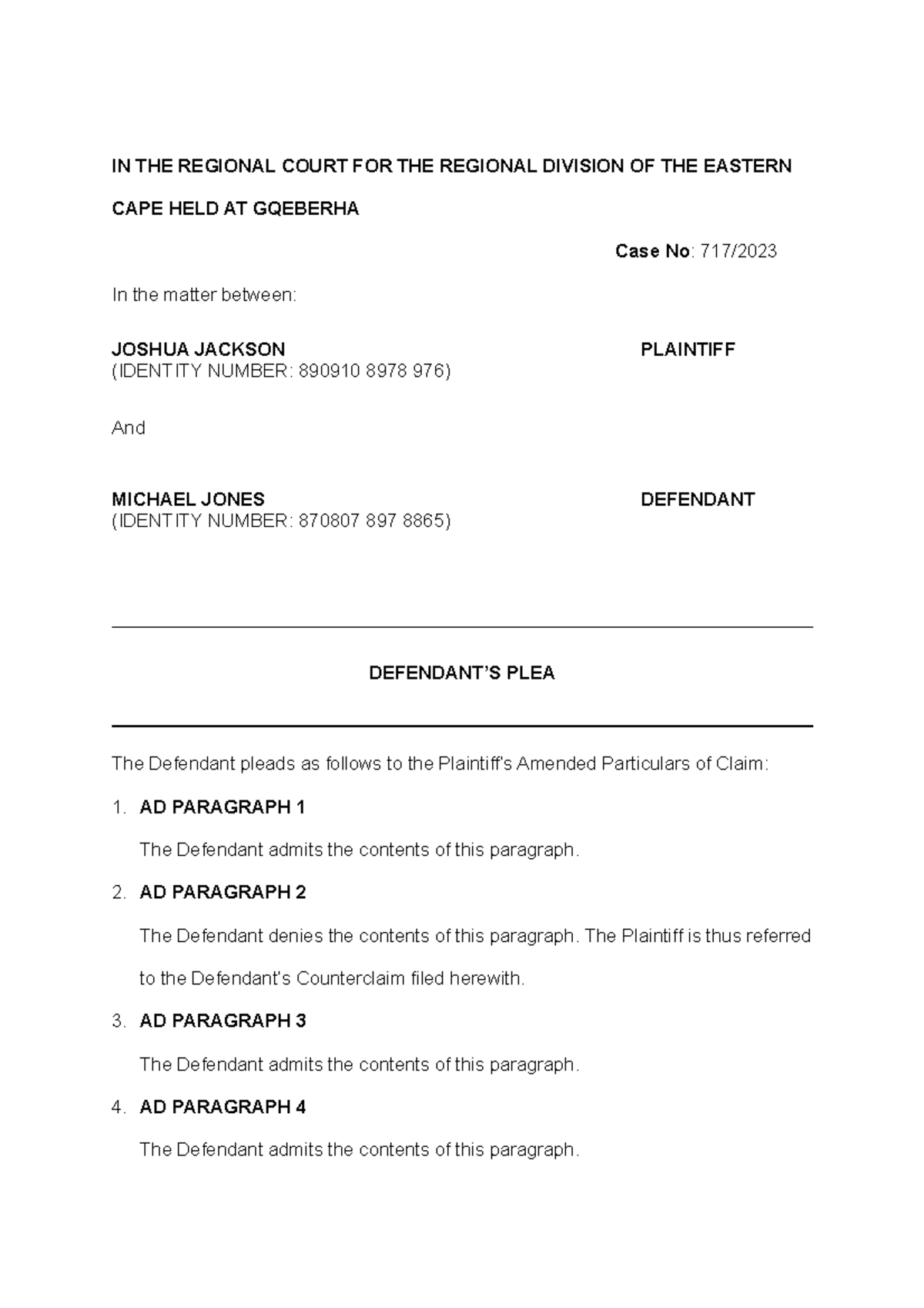 PLEA AND Counterclaim Correct document - IN THE REGIONAL COURT FOR THE ...