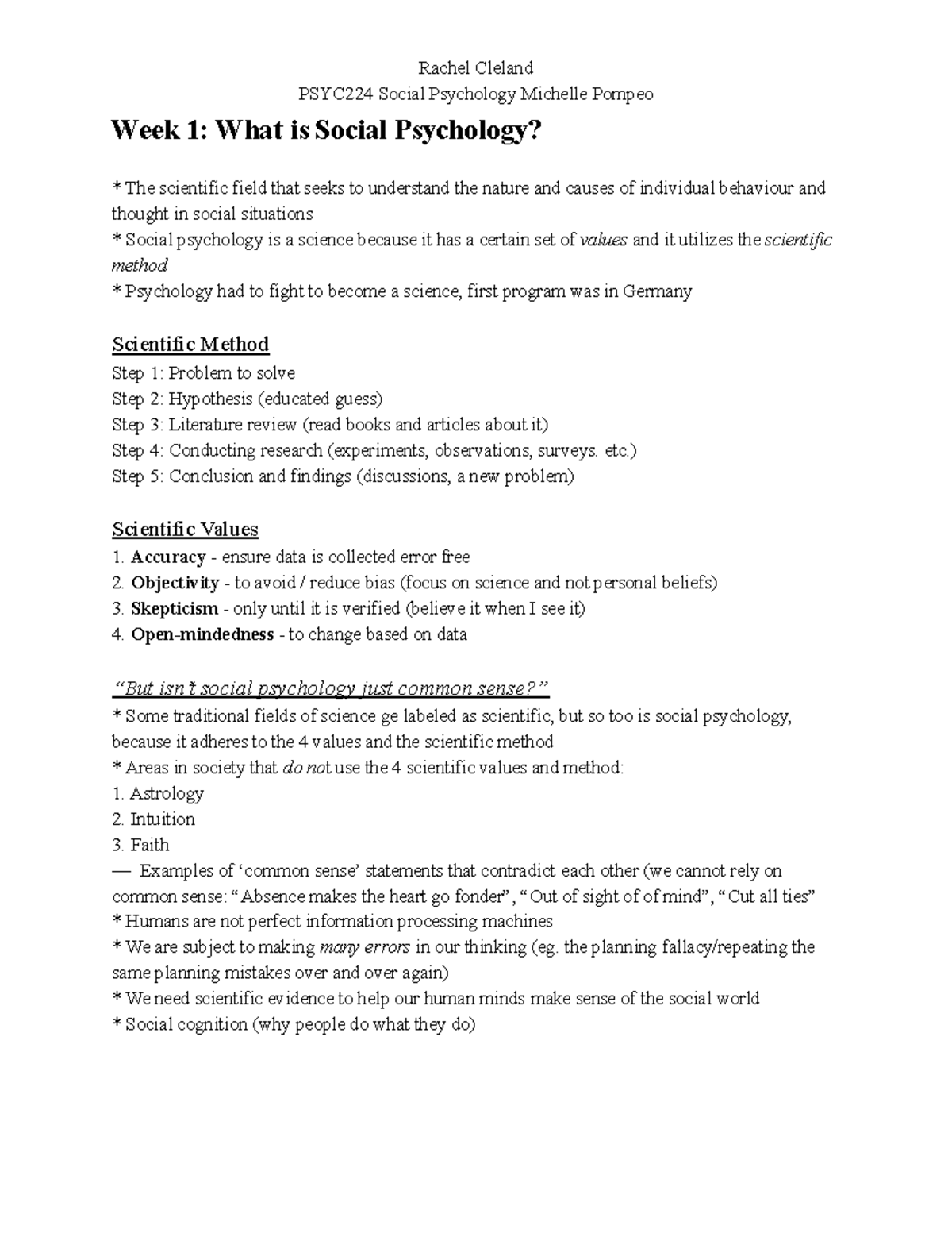 Week 1: What is Social Psychology - Rachel Cleland PSYC224 Social ...