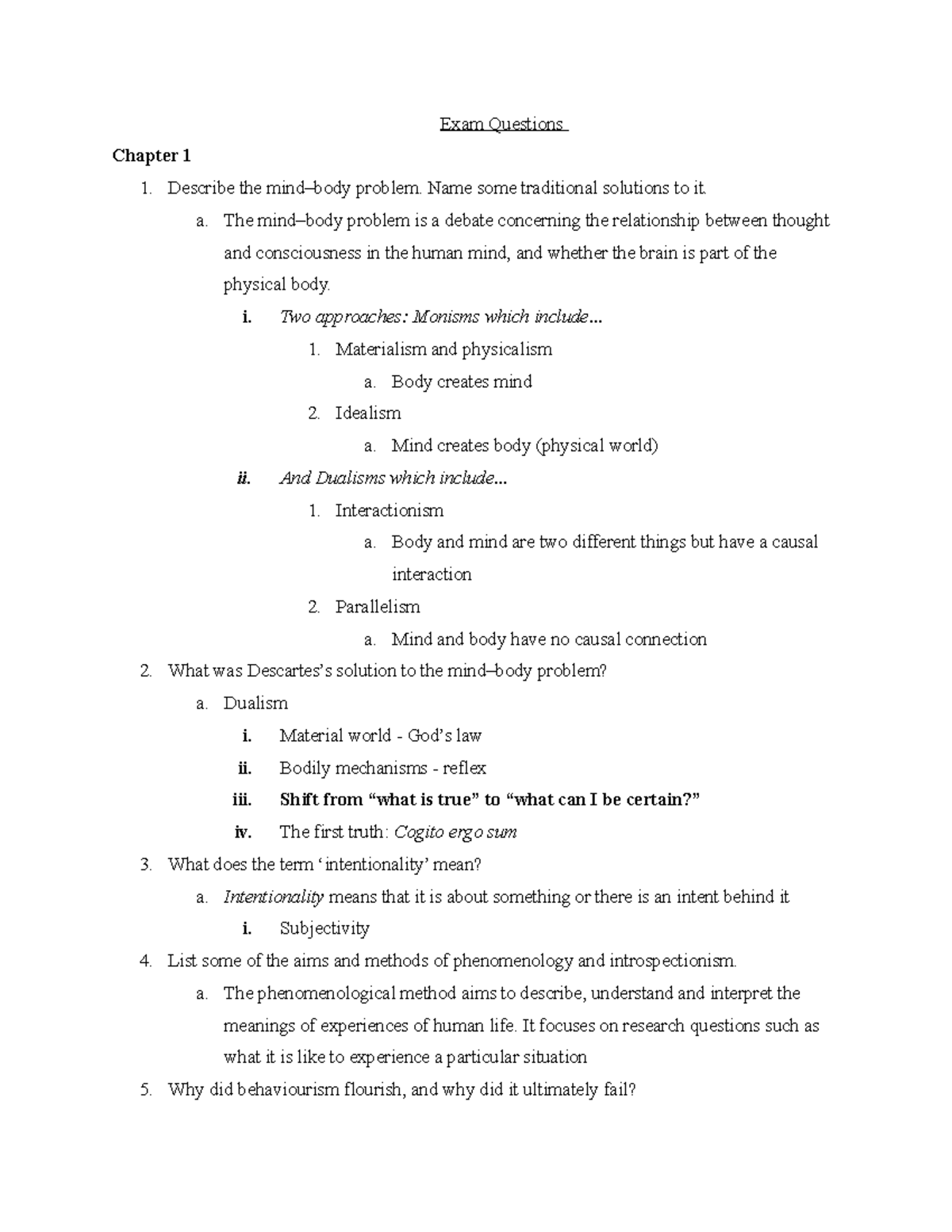 Conciousness Exam Questions - Exam Questions Chapter 1 Describe the ...