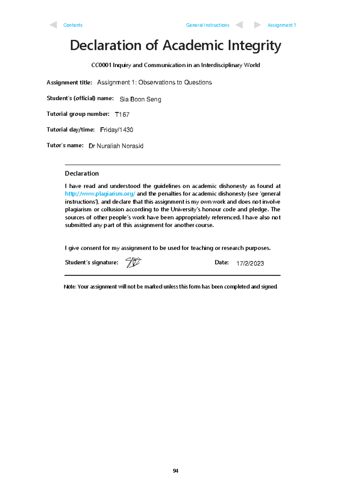 Assignment 1 Completed - Contents General Instructions Assignment 1 94 ...