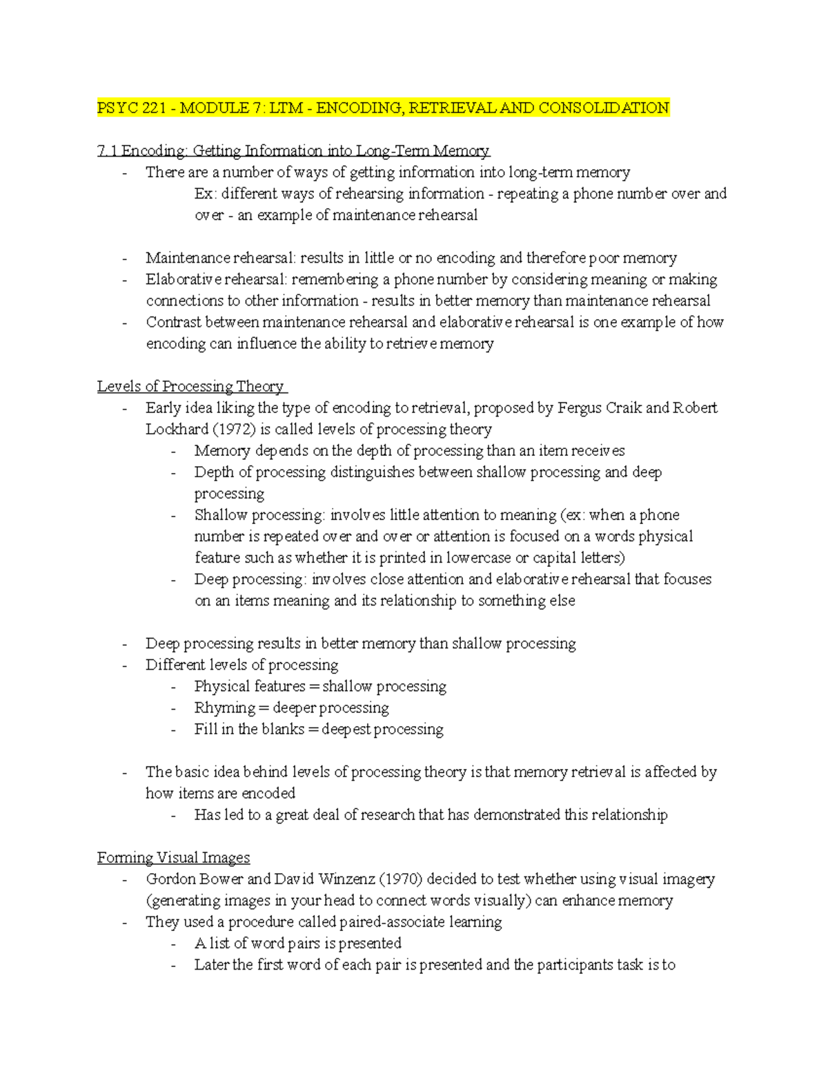 Module 7 - Notes from textbook week 7 - PSYC 221 - MODULE 7: LTM ...