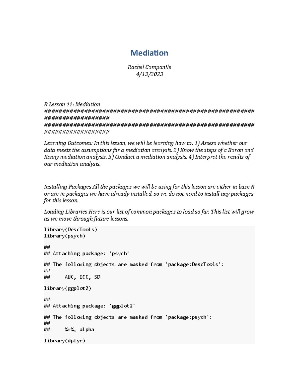Using R for Mediation Campanile - Mediation Rachel Campanile 4/13/ R ...