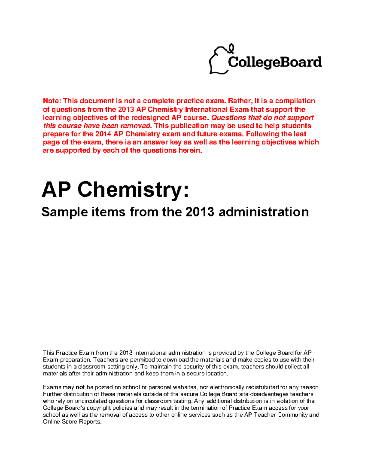 2013 AP Chemistry Exam MCQ Multiple Choice Questions with Answers ...