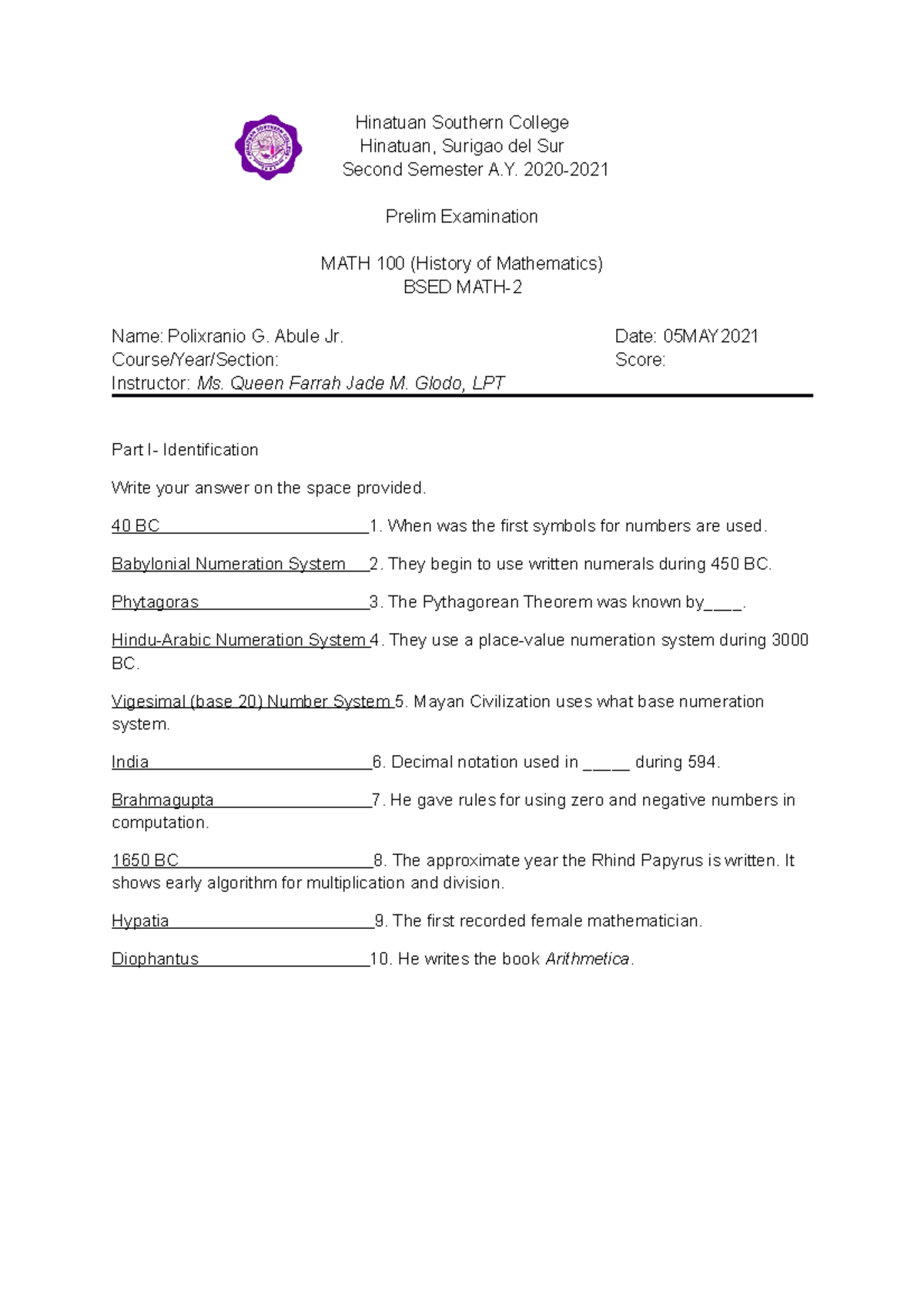 [Template] Prelim Exam. History - Hinatuan Southern College Hinatuan, Surigao del Sur Second ...