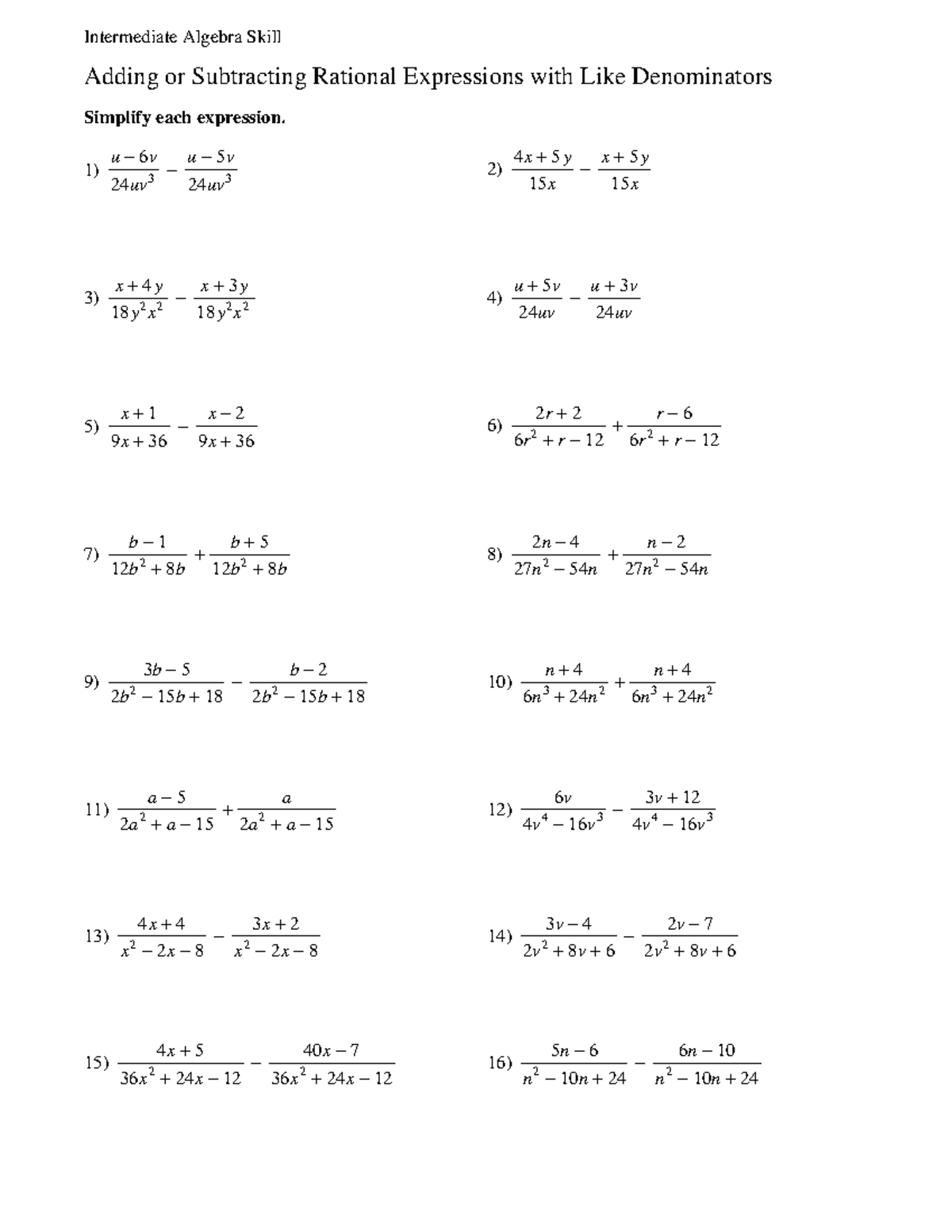 Addratexplikeden - Intermediate Algebra Skill Adding or Subtracting ...