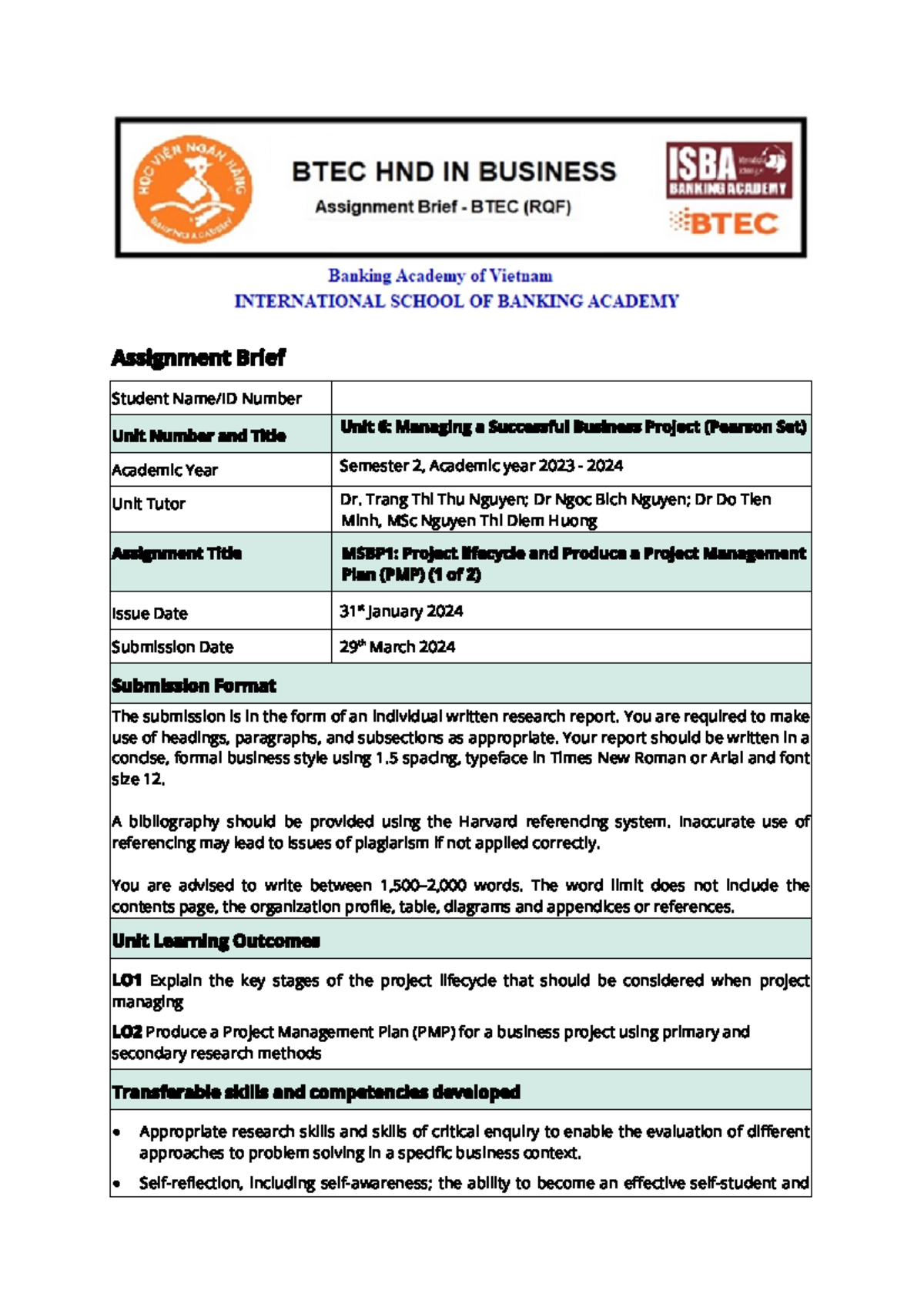 Assignment brief - Assignment Brief Student Name/ID Number Unit Number and Title Unit 6 ...