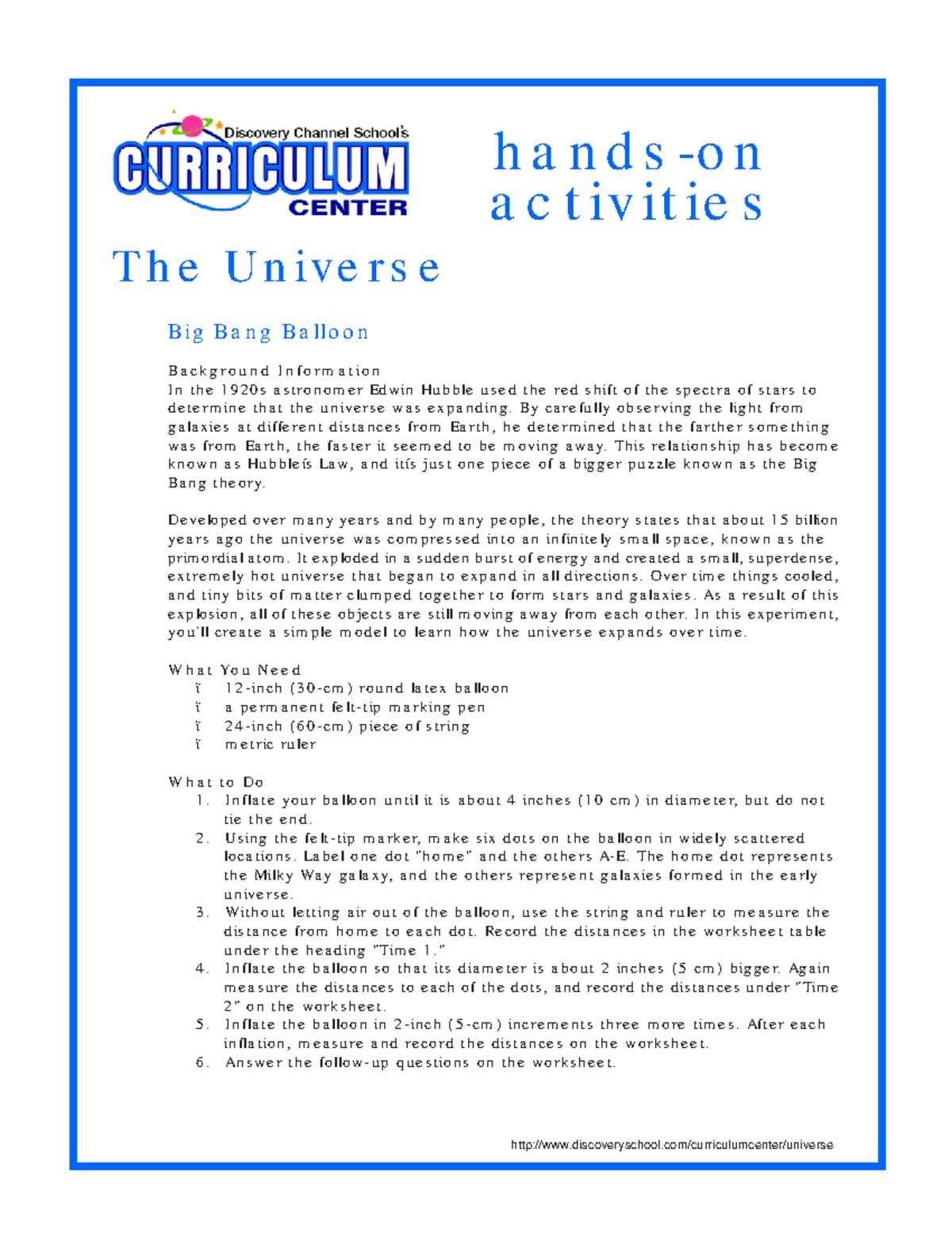 Big bang activity - .... - h a n d s -o n a c t iv it ie s T h e U n iv ...