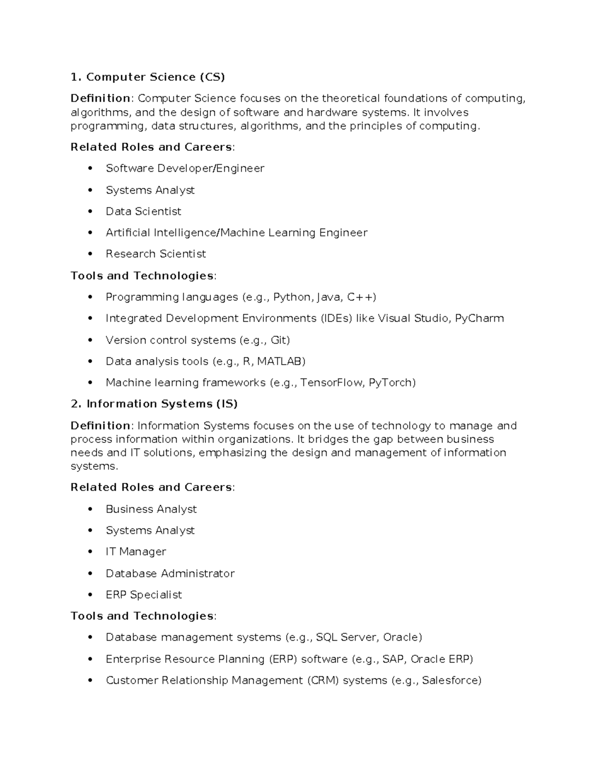 IT definitions - Notes - 1. Computer Science (CS) Definition: Computer ...