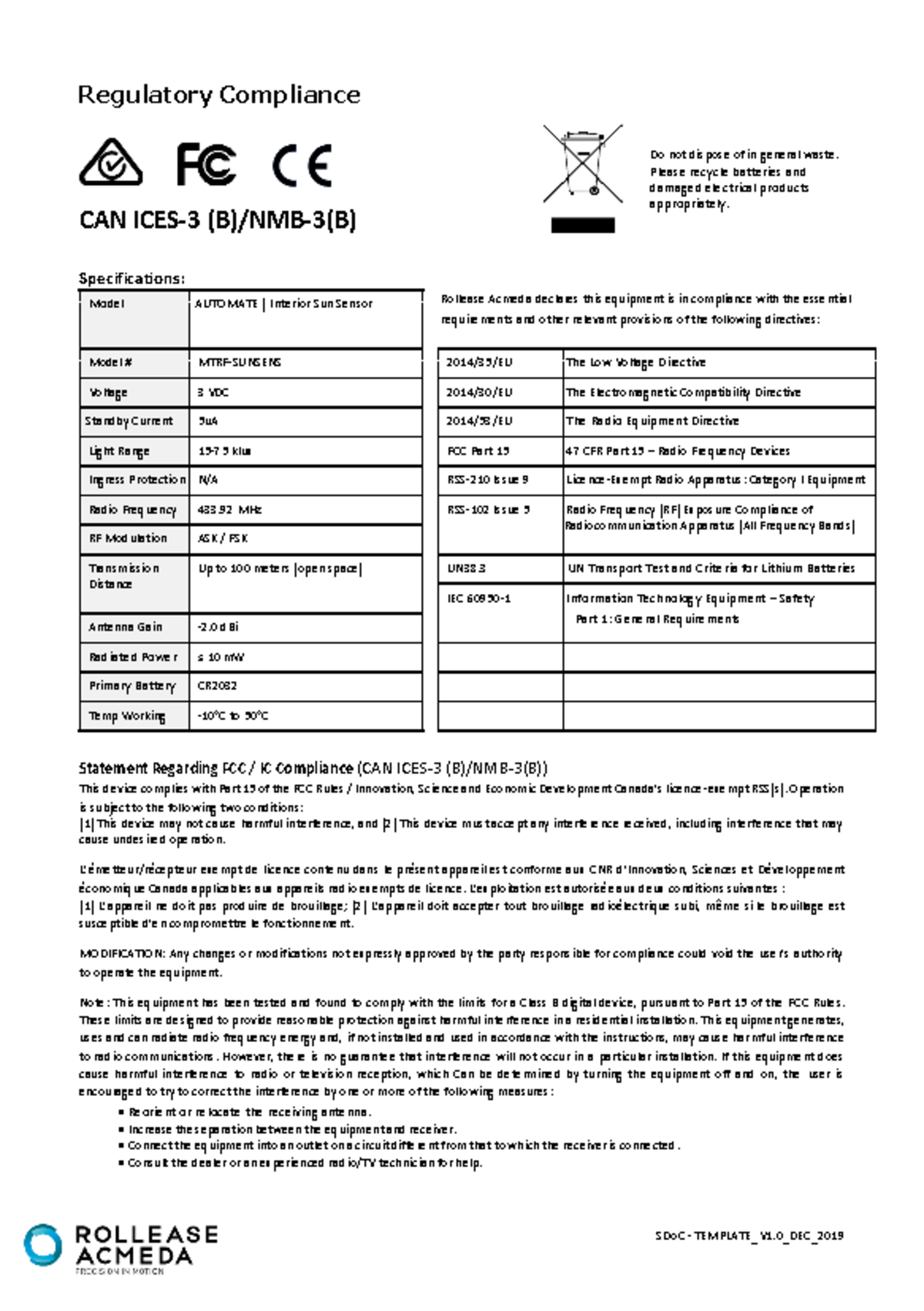 Regulatory Compliance - Interior Sun Sensor - Regulatory Compliance ...