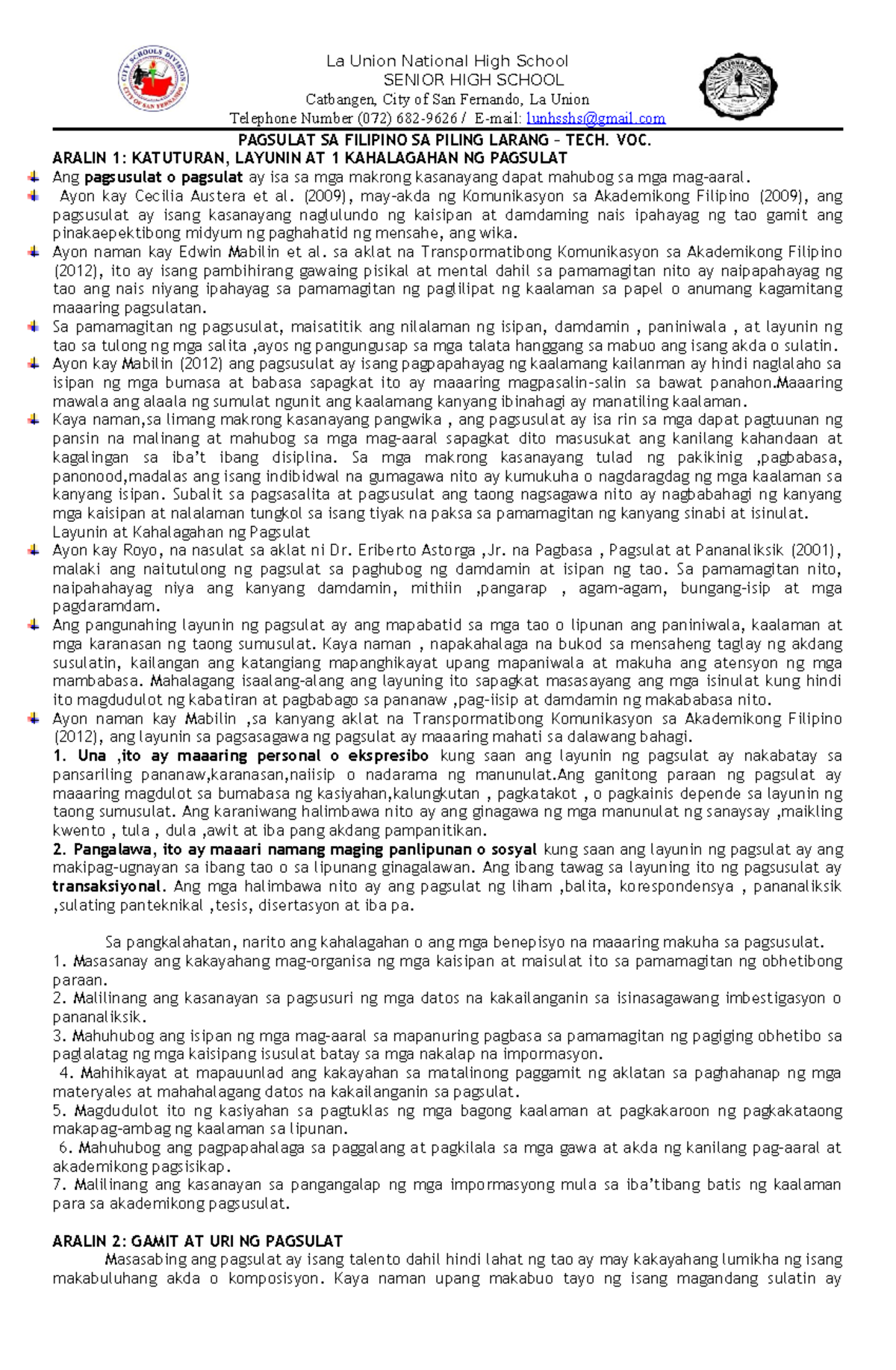 Handout 1 - PAGSULAT - La Union National High School SENIOR HIGH SCHOOL ...