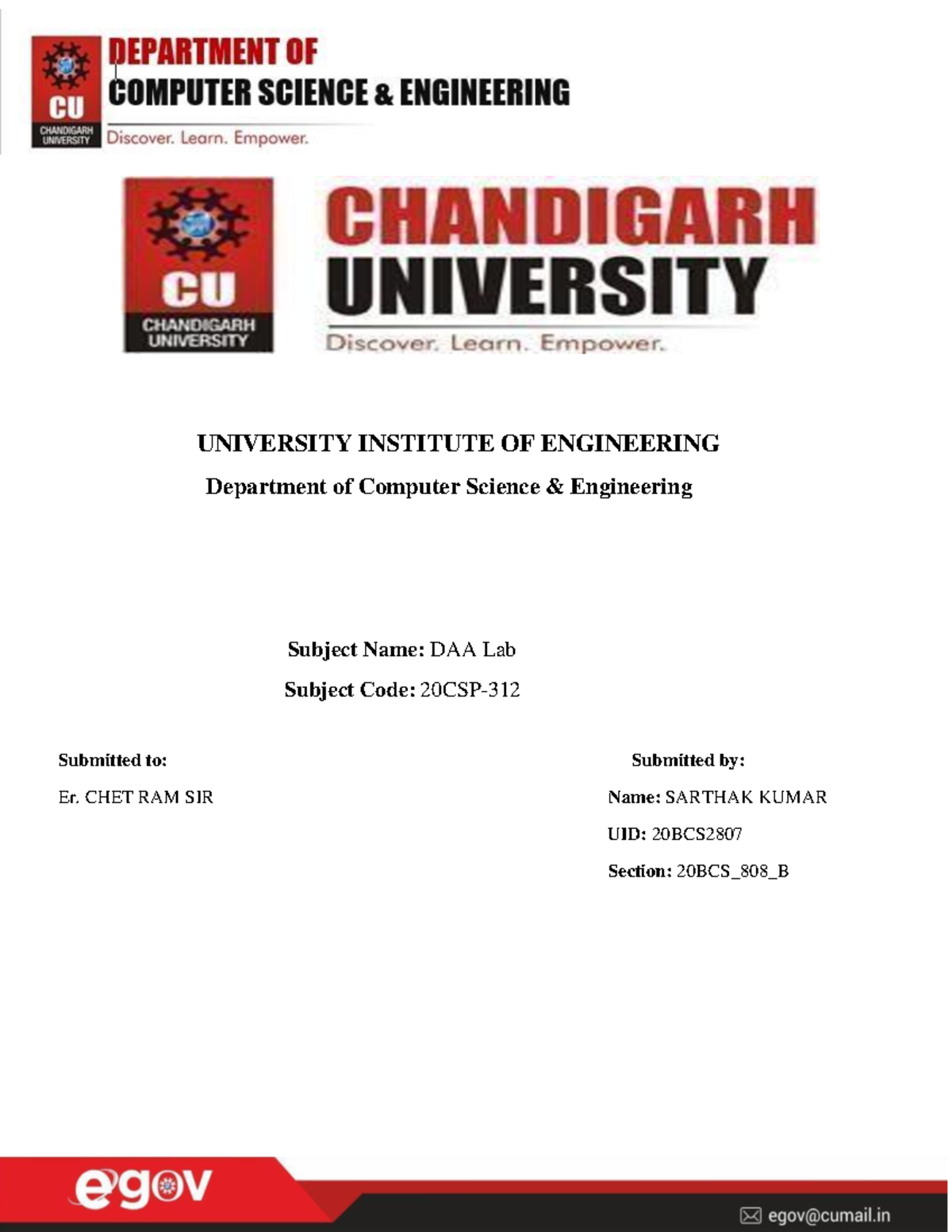 DAA 1.5 Sarthak - daa worksheet 1.5 - UNIVERSITY INSTITUTE OF ENGINEERING Department of Computer ...