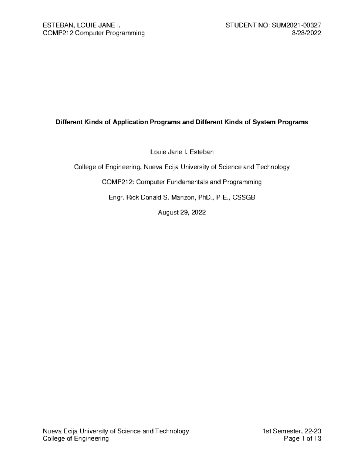 Assignment 1 - Activity/ essay - COMP212 Computer Programming 8/28 ...
