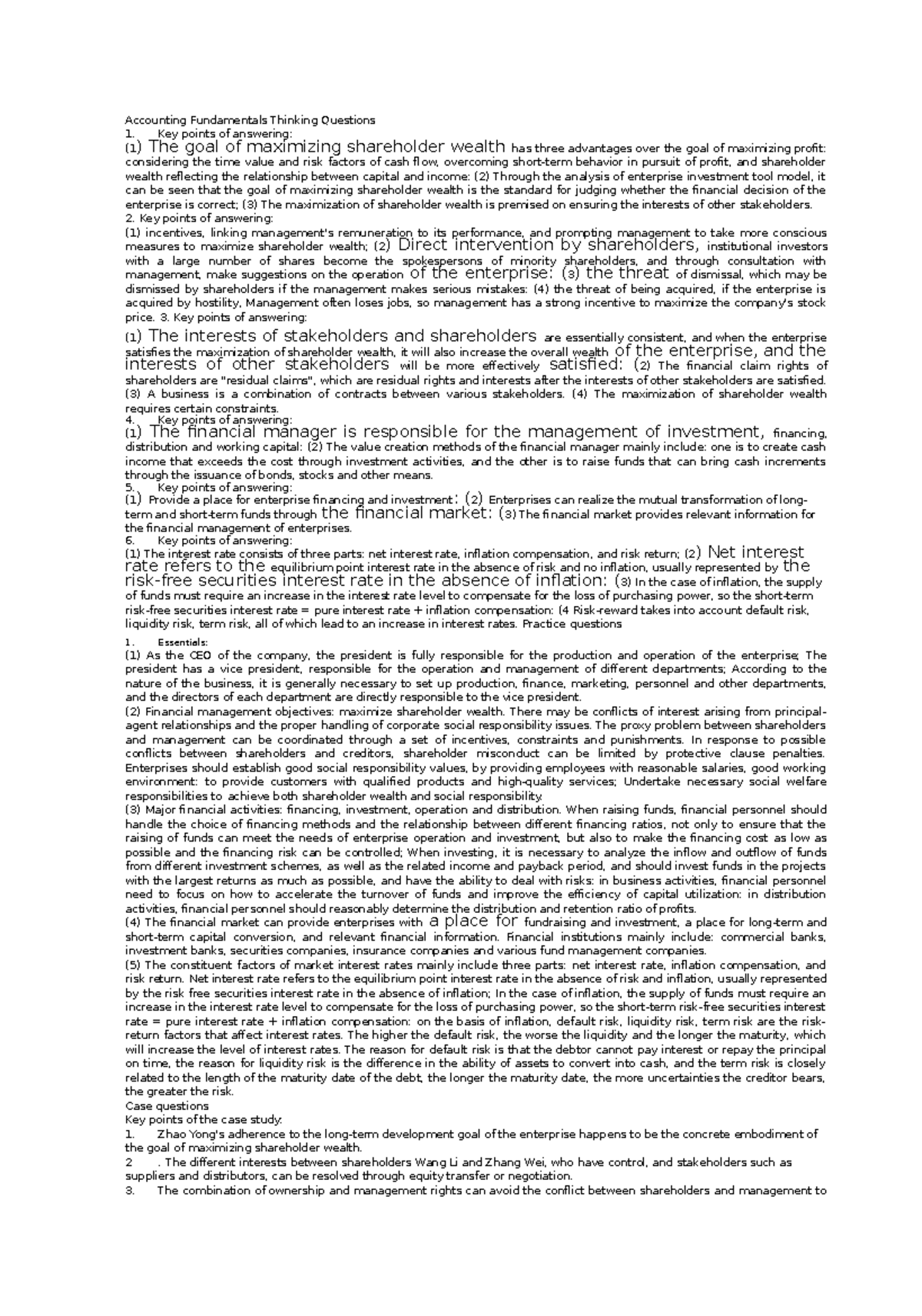 Accounting Fundamentals Thinking Questions - 2. Key points of answering ...