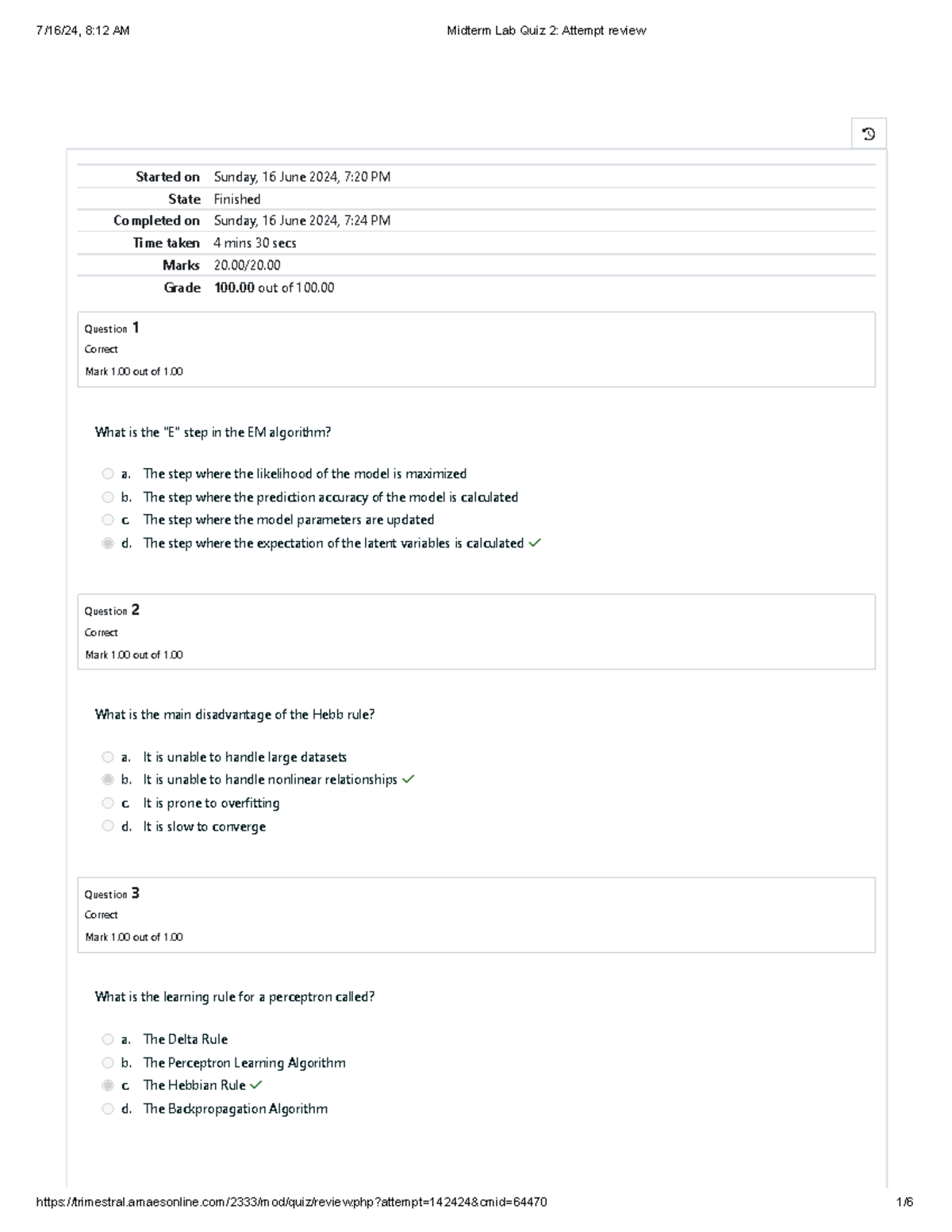 Midterm Lab Quiz 2 Attempt review - Started on Sunday, 16 June 2024, 7:20 PM State Finished ...