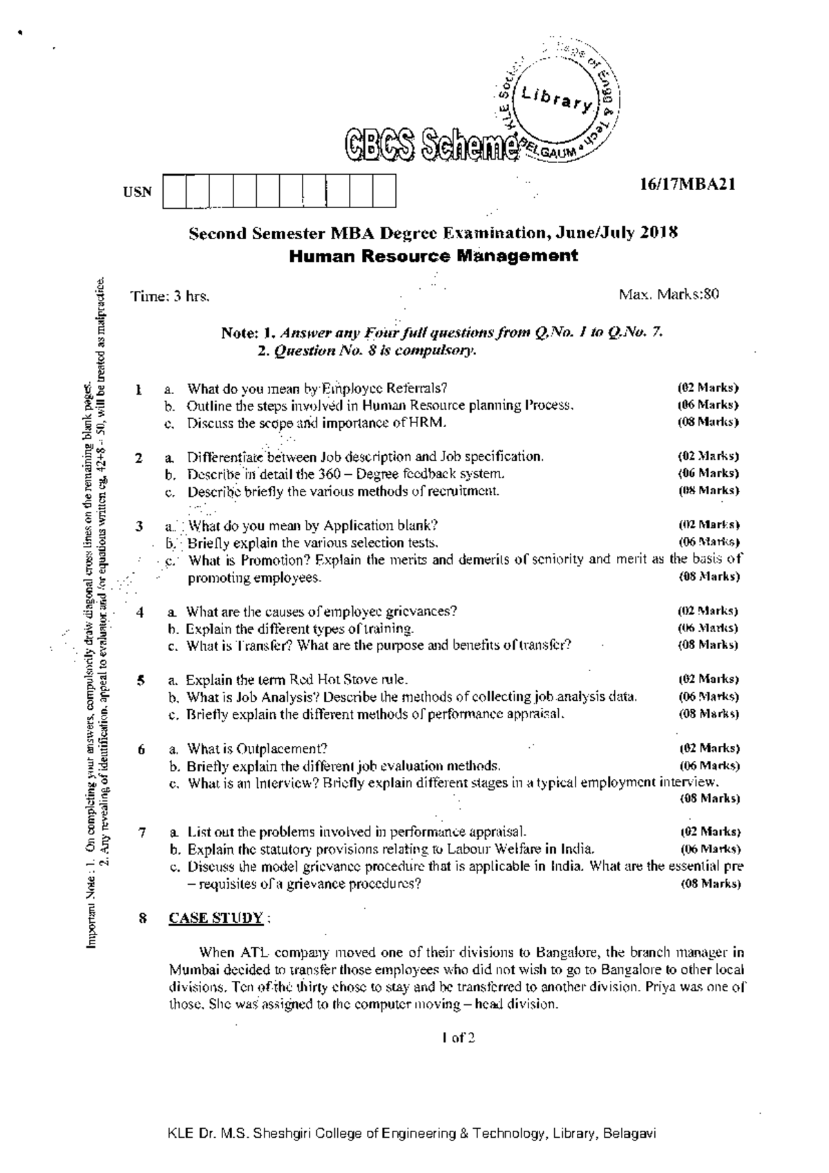 VTU QP HRM - Question paper - KLE Dr. M. Sheshgiri College of Engineering & Technology, Library ...