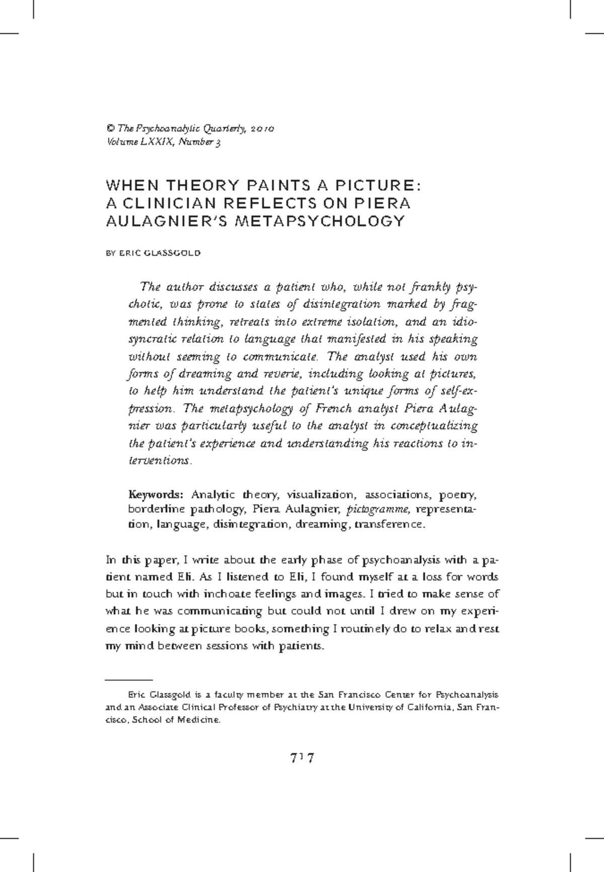 When Theory Pain Ts a Pic Ture a clinicial reflect on piera auglanier's ...