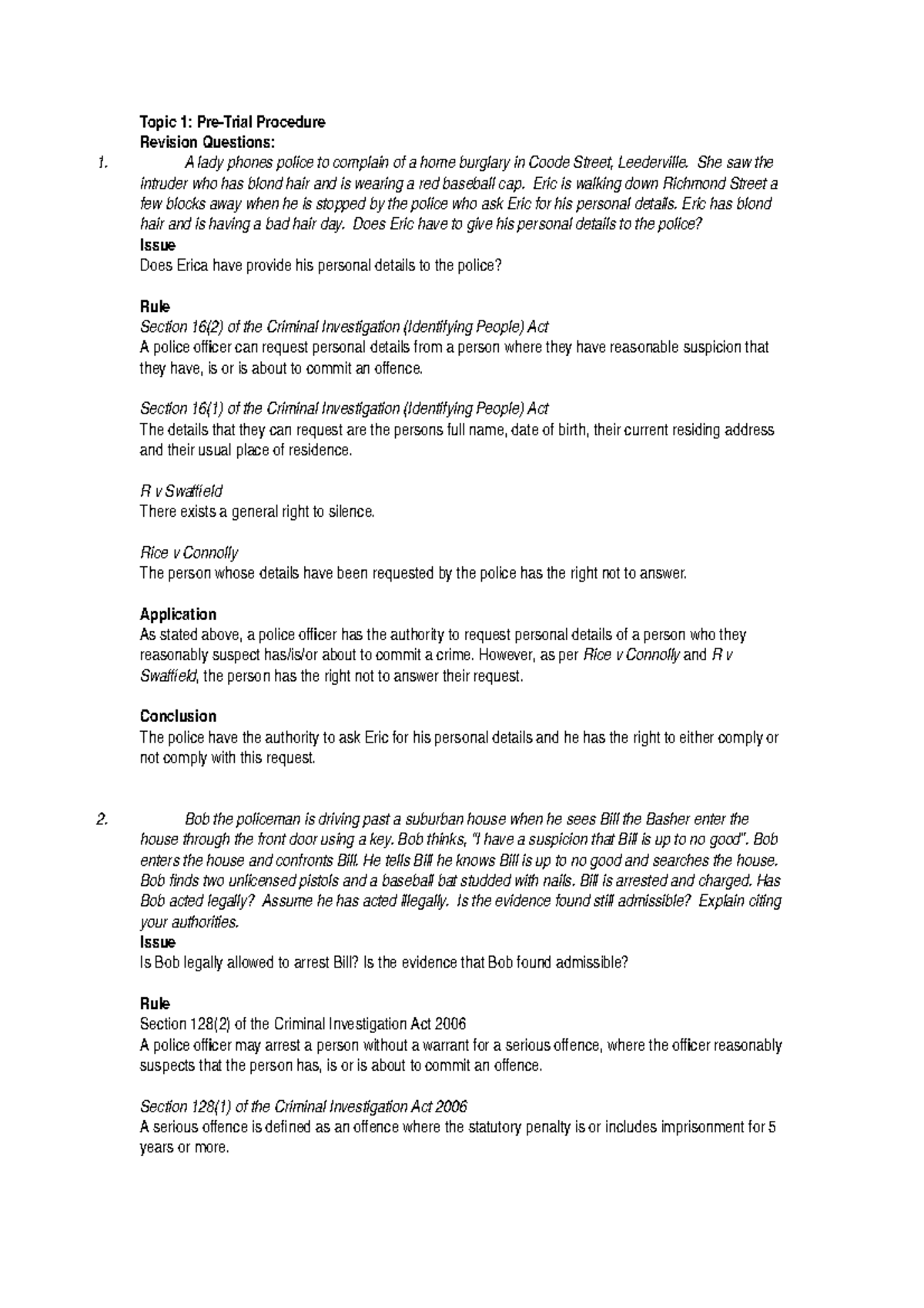 Criminal Law II Topic 1 - 10 Tutorial Questions - Topic 1: Pre-Trial ...