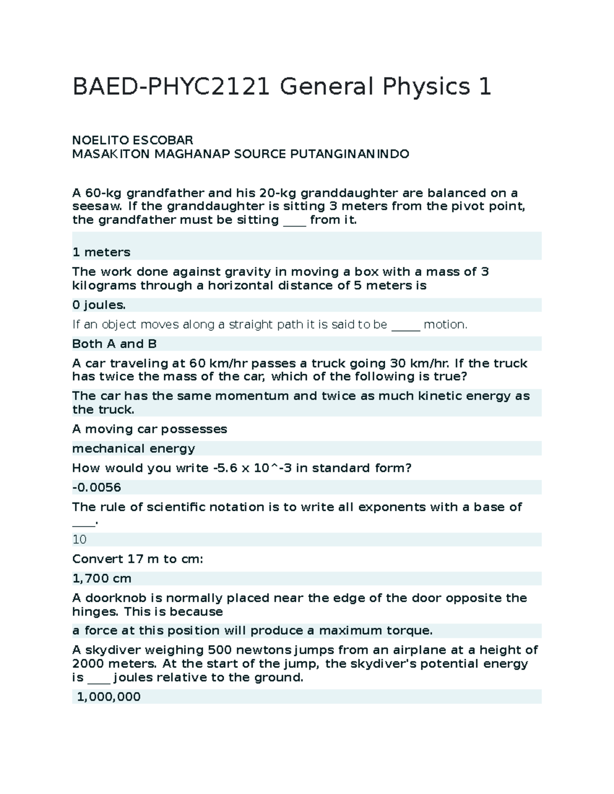 BAED PHYC2121 General Physics 1 1 - BAED-PHYC2121 General Physics 1 NOELITO ESCOBAR MASAKITON ...