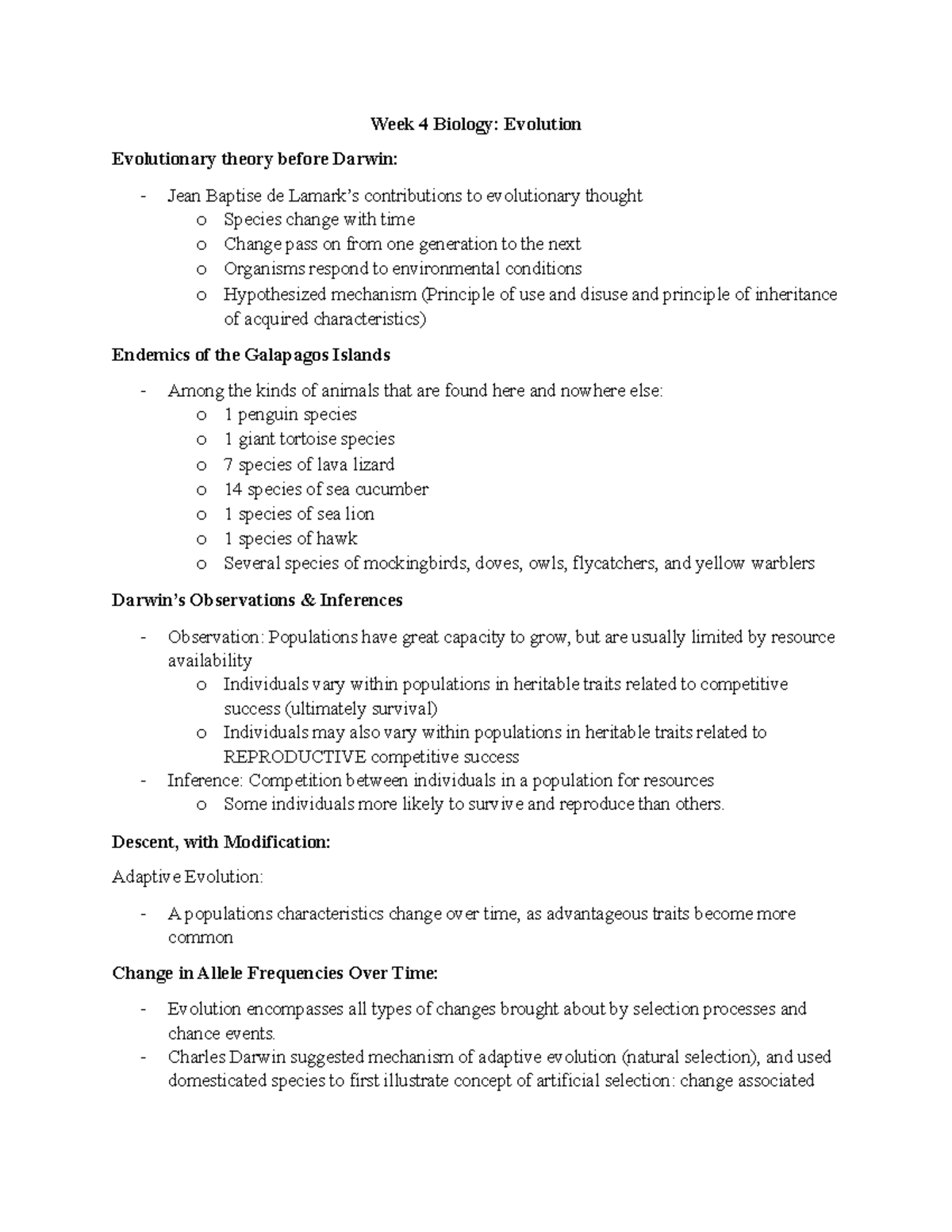 BI111 Week 4 - Week 4 Biology: Evolution Evolutionary theory before ...