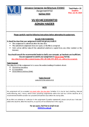 CS501 Quiz-2 By Vu Topper RM - CS-501 Advanced Computer Architecture ...
