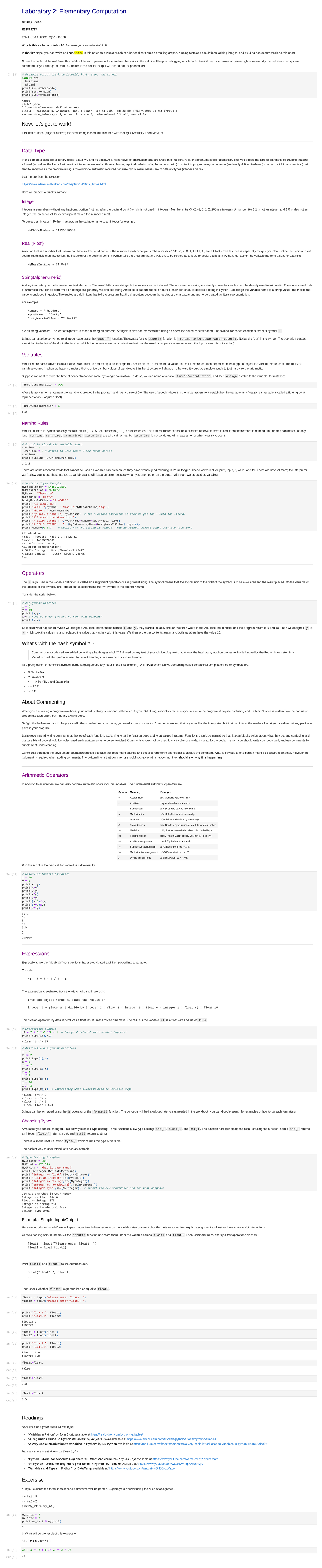 Lab02 - Laboratory 2: Elementary Computation Bickley, Dylan R ENGR 1330 Laboratory 2 - In-Lab ...
