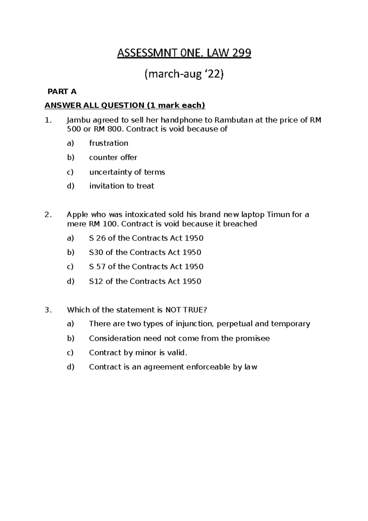 Assesment 1 ( March AUG 22) LAW299 - ASSESSMNT 0NE. LAW 299 (march-aug ...