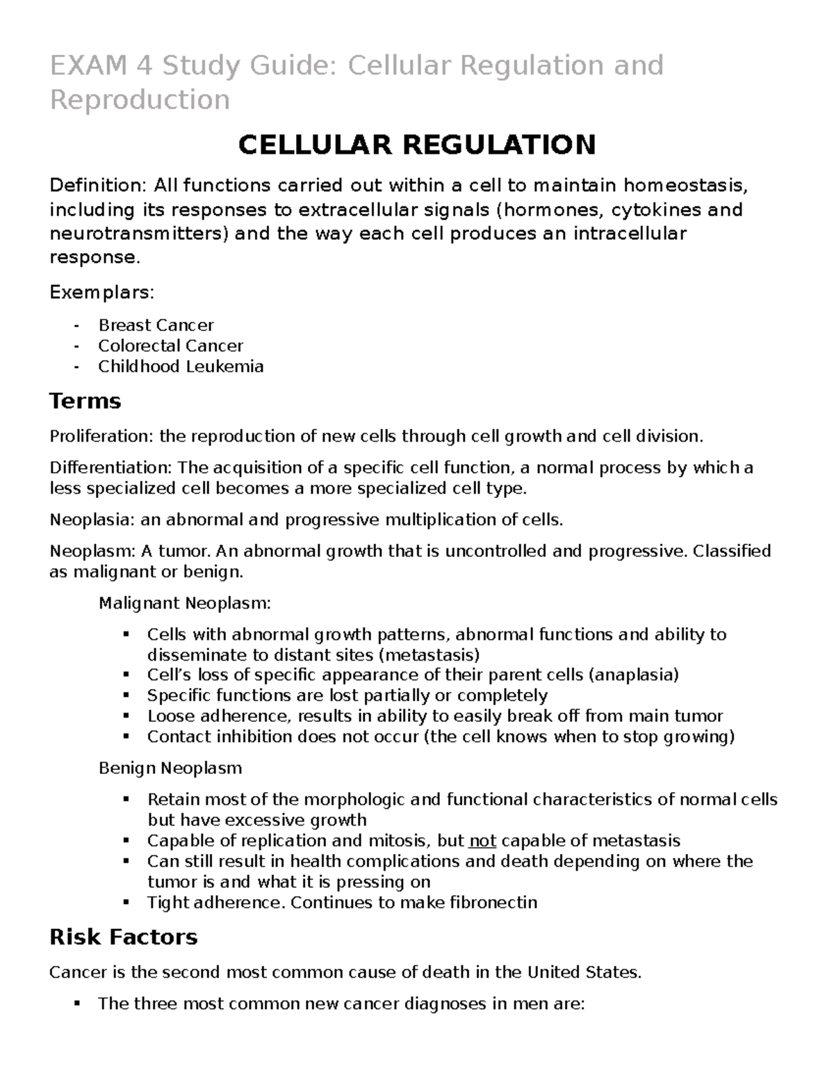 Exam 4 Study Guide Cellular Regulation and Reproduction - EXAM 4 Study ...