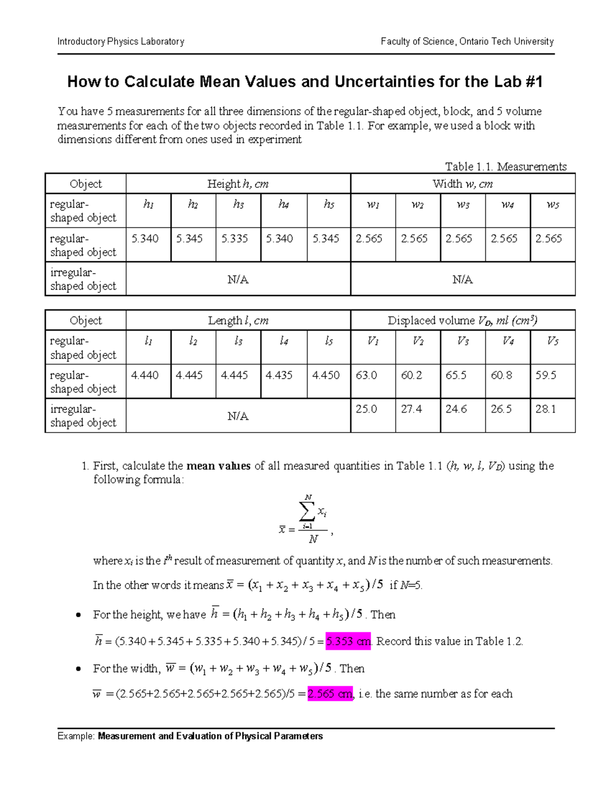 Example Calc Measurements - How to Calculate Mean Values and ...